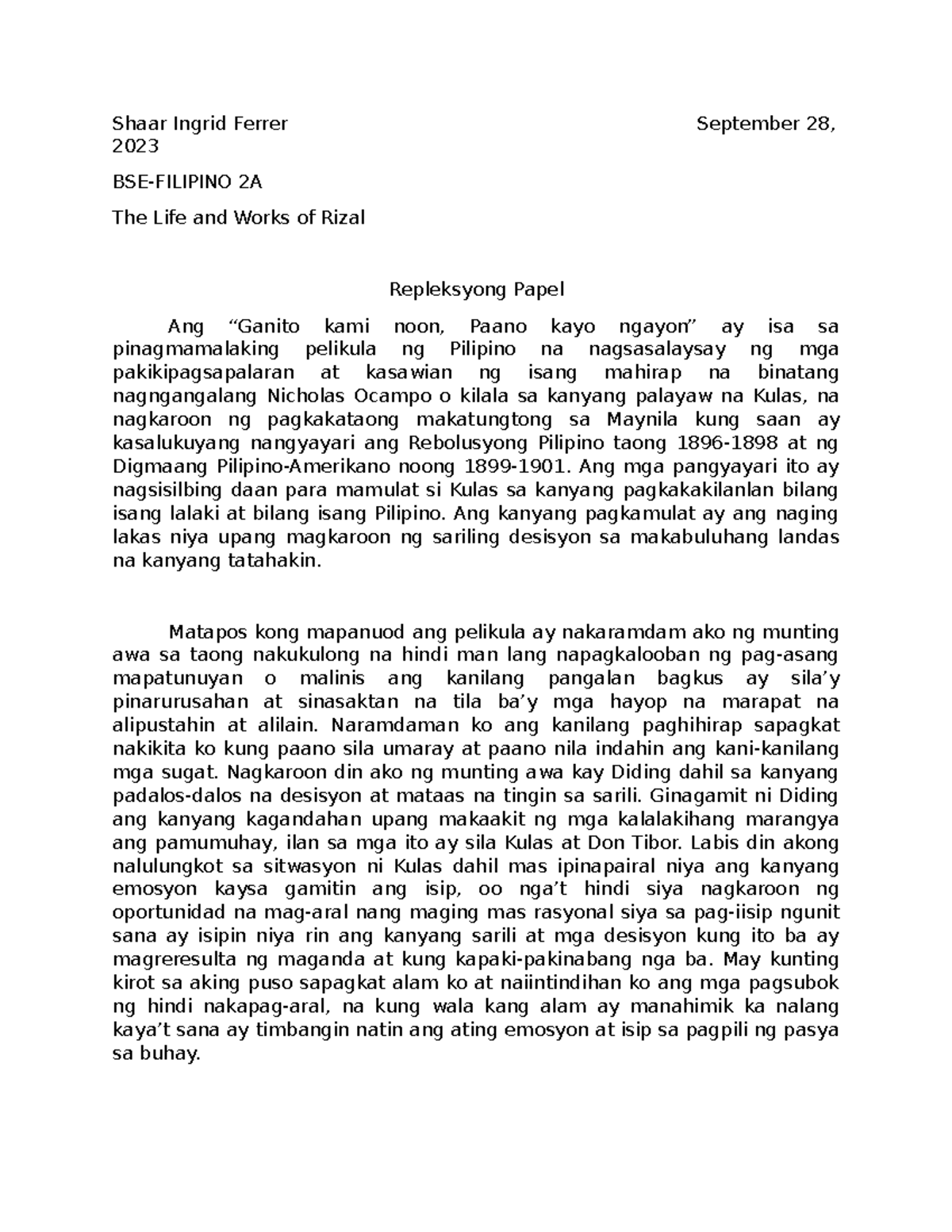 Repleksyon sa rizal - REFECTION - Shaar Ingrid Ferrer September 28 ...