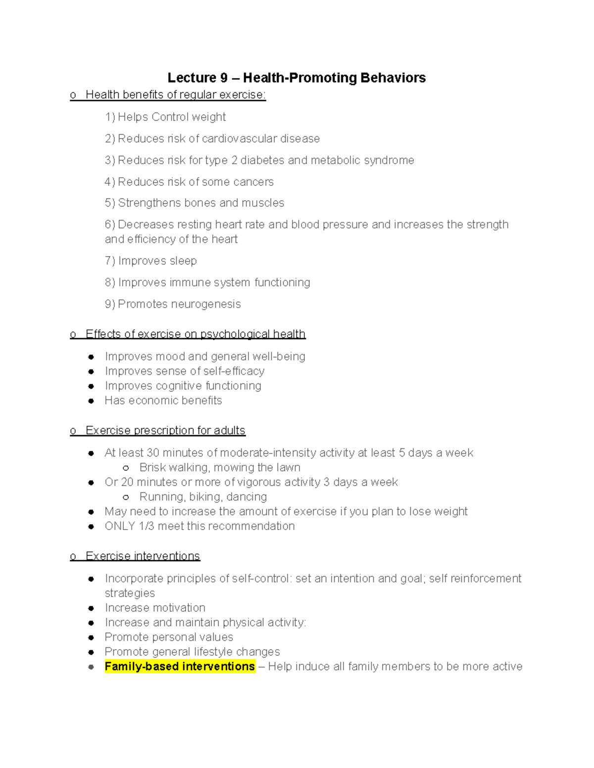 PSC 126 Notes (Lecture 9) - Lecture 9 – Health-Promoting Behaviors o ...