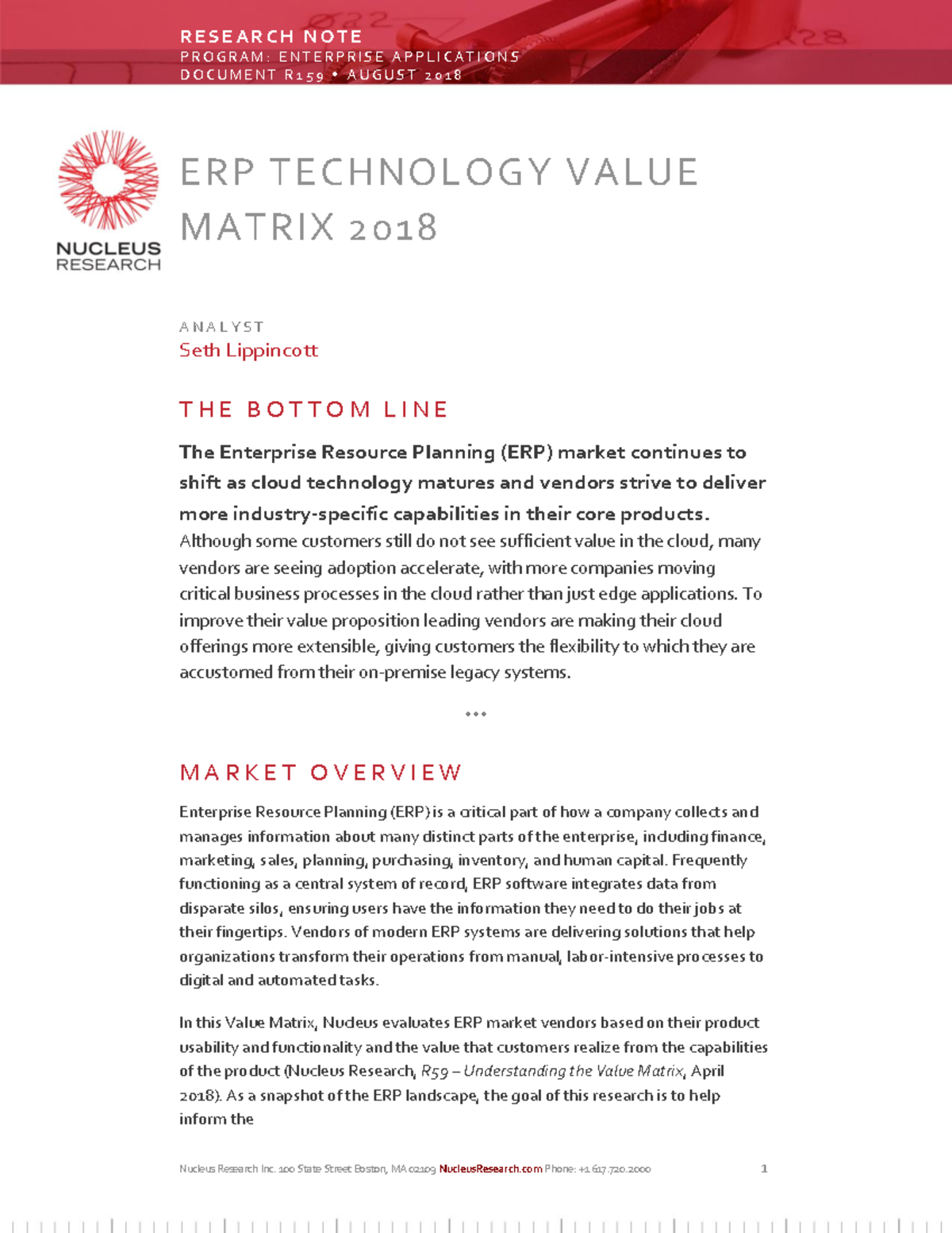 Top ERP Technology Value Matrix 2018 1 - Nucleus Research Inc. 100 State Street Boston, MA 02109 ...