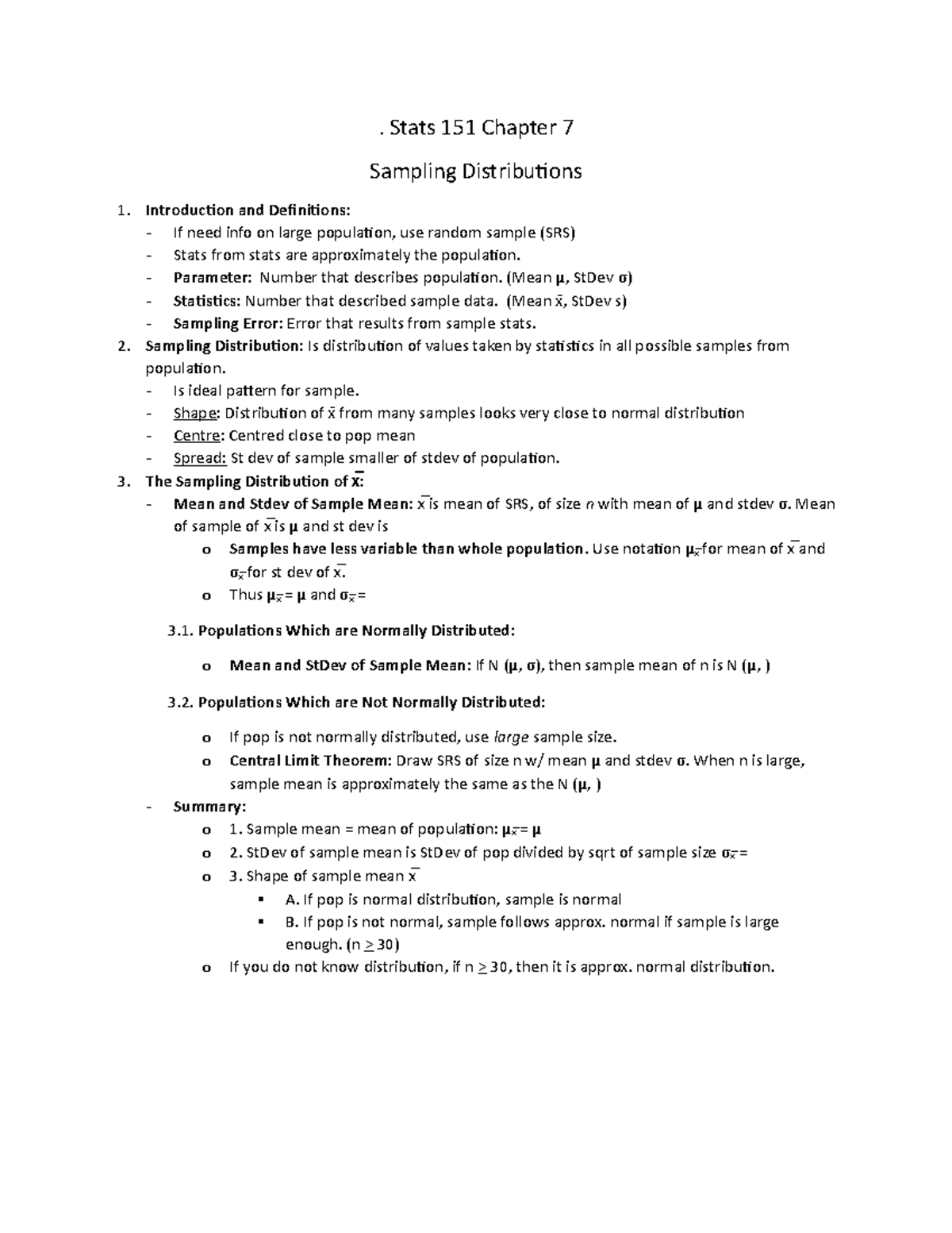 Chapter 7 (Fall2018 ) - Chapte r7 - . Stats 151 Chapter 7 Sampling Distributions Introduction ...