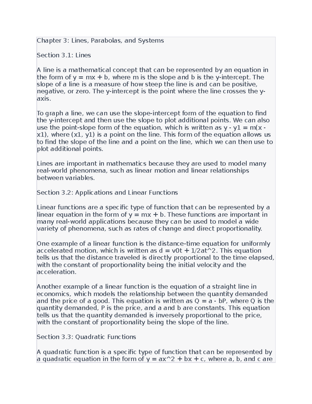 Chapter 3 math 1070 - Chapter 3: Lines, Parabolas, and Systems Section ...