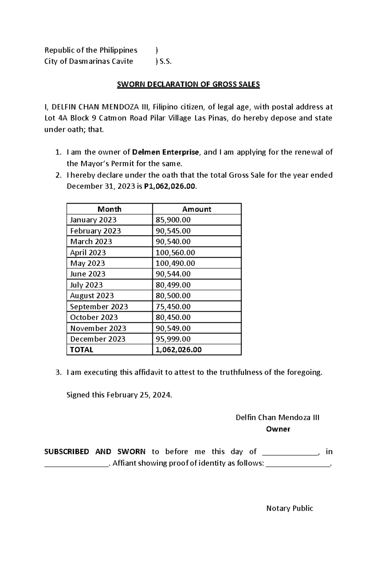 TJ Sworn Declaration of gross sales Yr 2023 1 - Republic of the ...