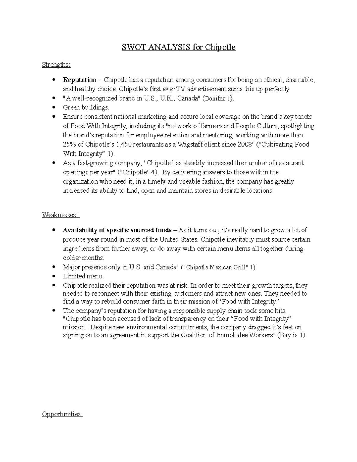BA 475 SWOT Analysis for Chipotle - SWOT ANALYSIS for Chipotle ...