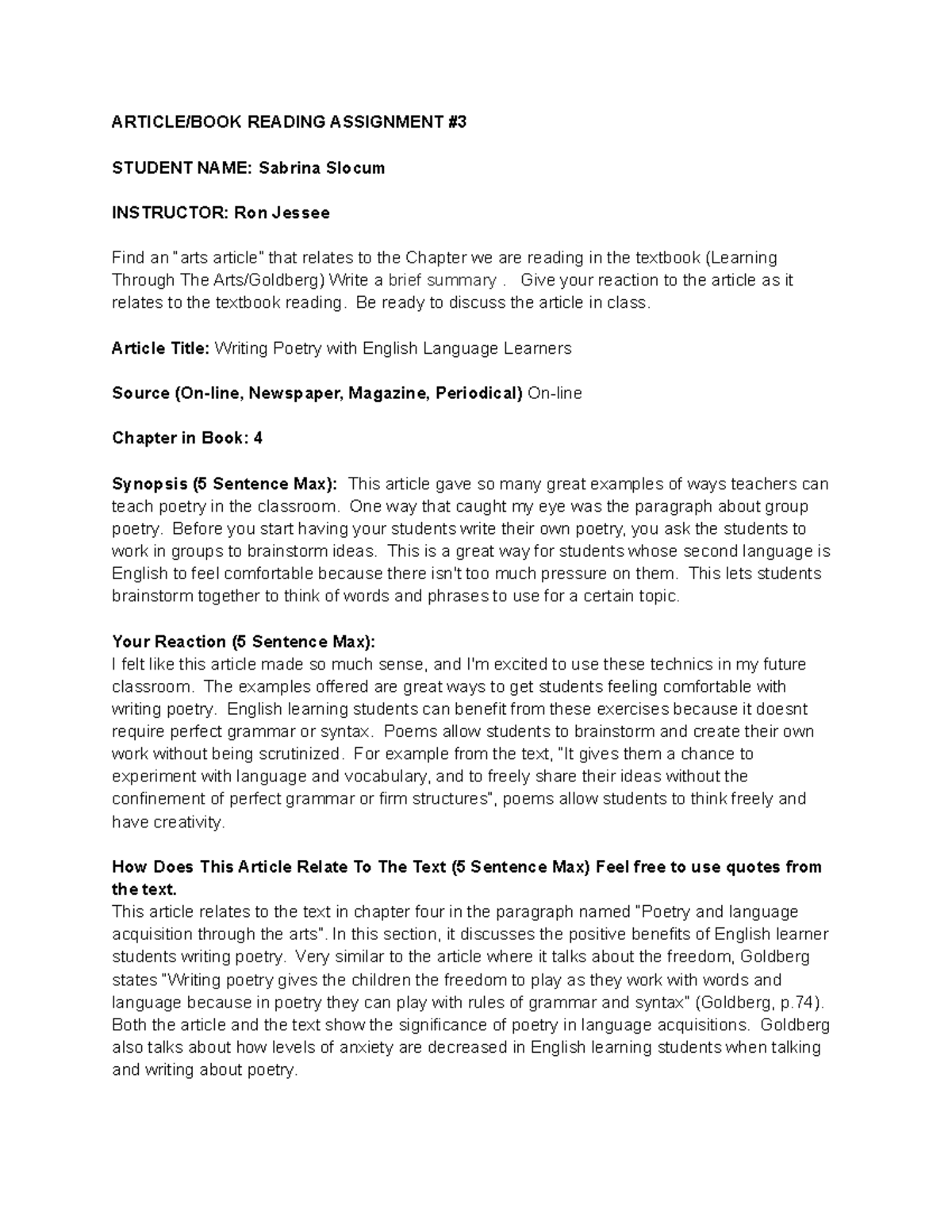 Article/BOOK Reading Assignment #3 - READING ASSIGNMENT STUDENT NAME ...