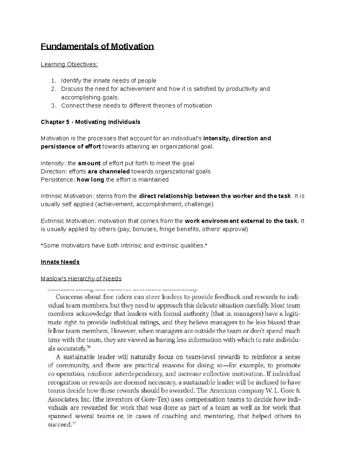 OB Notes 2 - Fundamentals of Motivation Learning Objectives: 1 ...