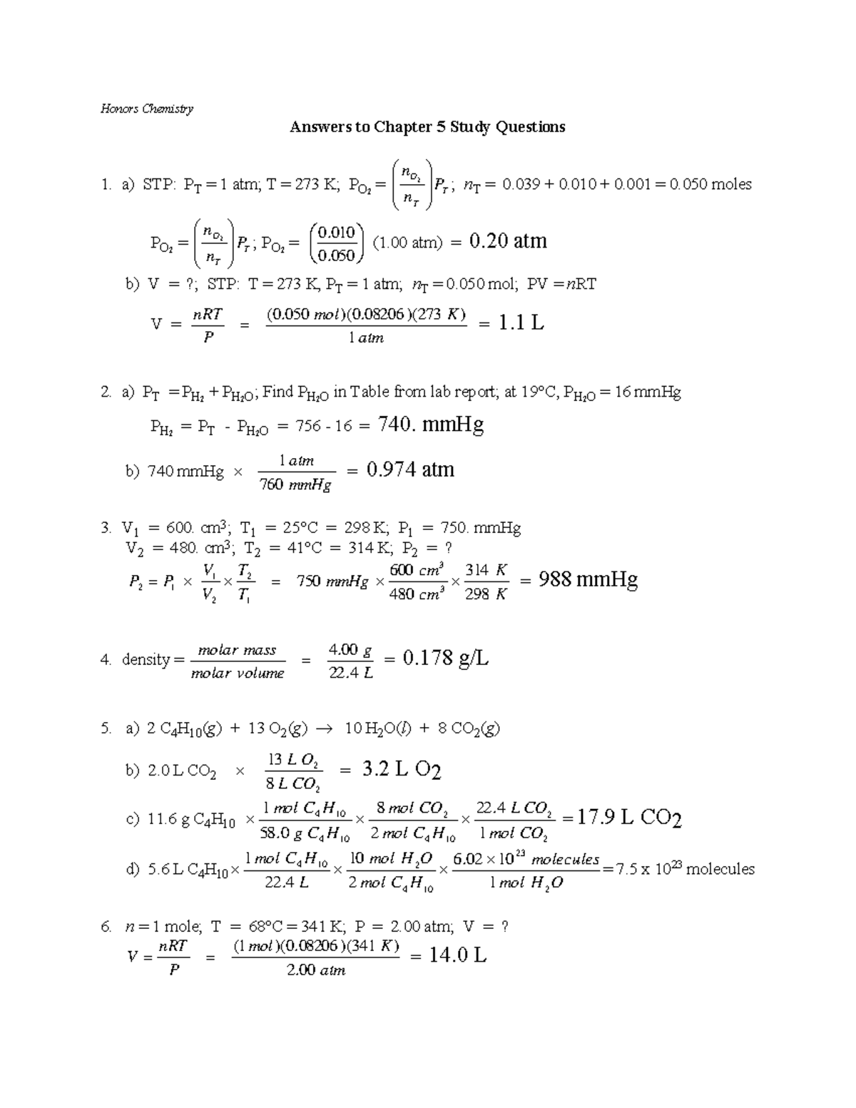 Hc Chapter 5 Study Questions Answers - Honors Chemistry Answers to ...