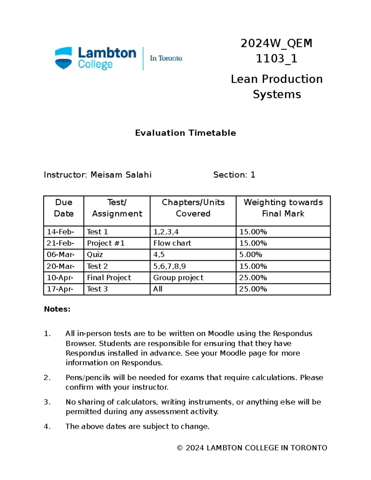 Evaluation Timetable-2024W QEM 1103 1 - 2024W_QEM 1103_ Lean Production Systems Evaluation ...