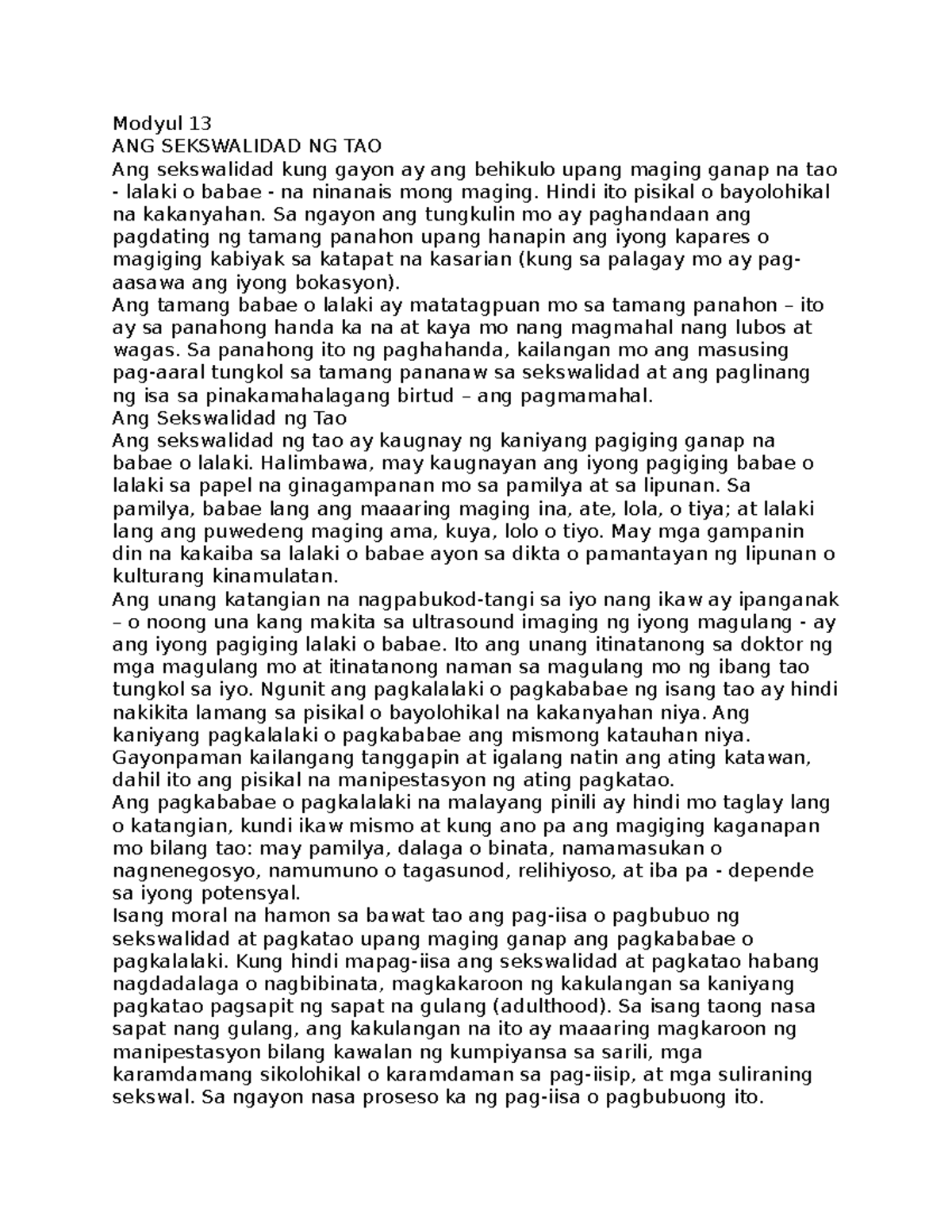 Modyul 13 - Modyul 13 ANG SEKSWALIDAD NG TAO Ang sekswalidad kung gayon ...