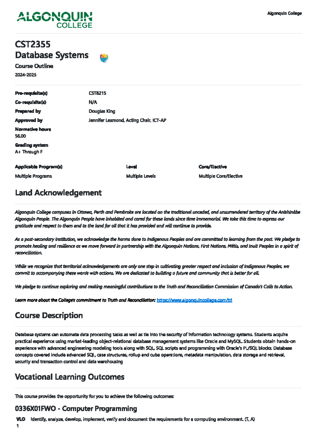 CST2355 Course Outline - ALGONQUIN Algonquin College COLLEGE CST2355 ...