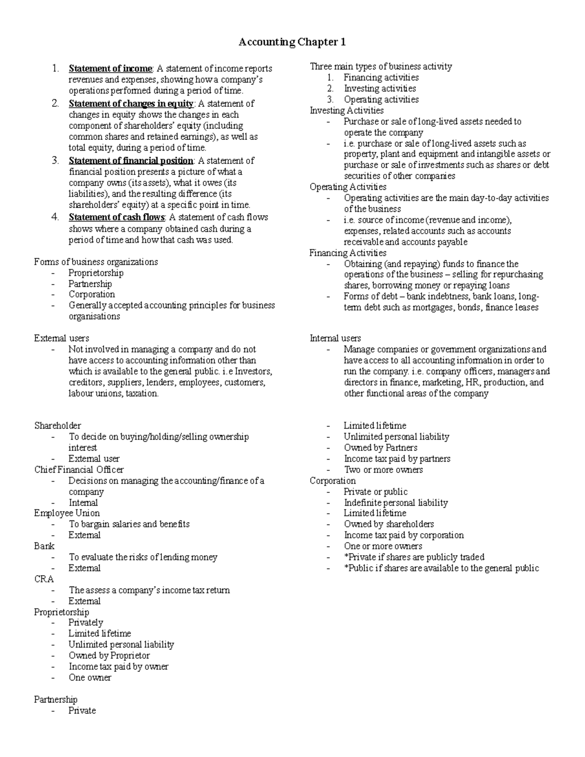 Accounting Textbook Notes: Chapter 1 from recent edition of the ...