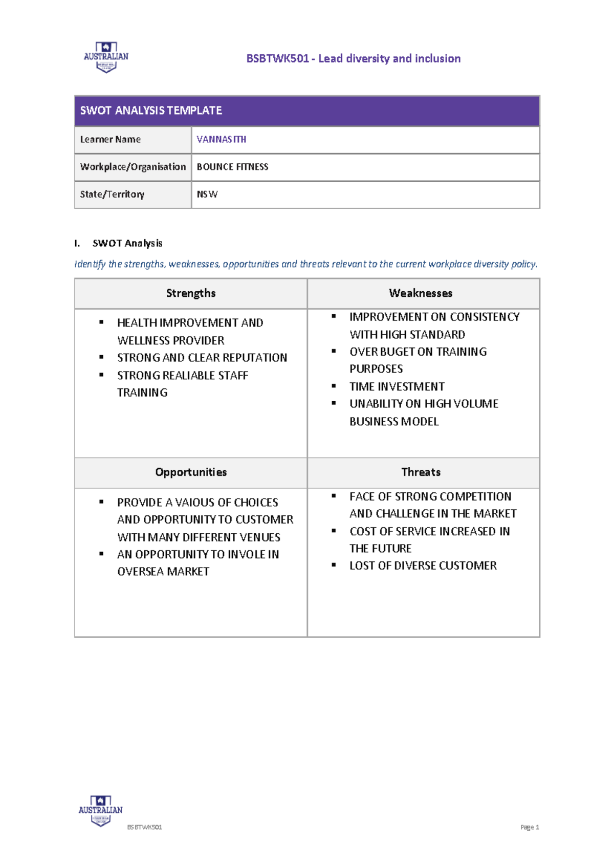 TWK501 SWOT Analysis Template v2 - BSBTWK501 - Lead diversity and ...