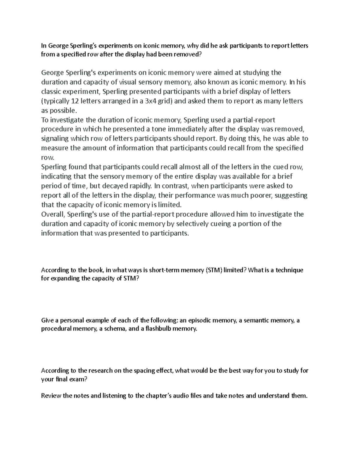 Reflection chapter 10 - notes - In George Sperling’s experiments on ...