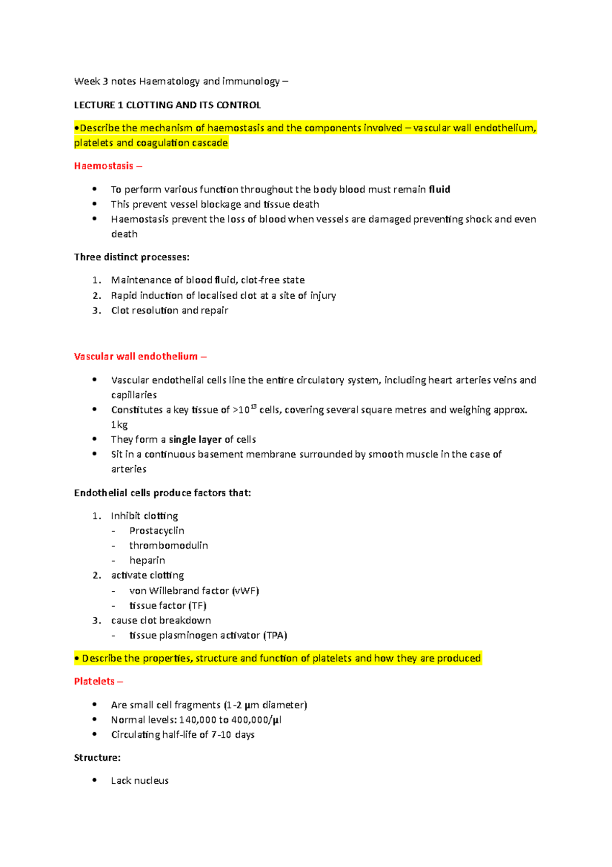 Week 3 notes Clotting and Haemostasis Haematology and immunology - Week ...
