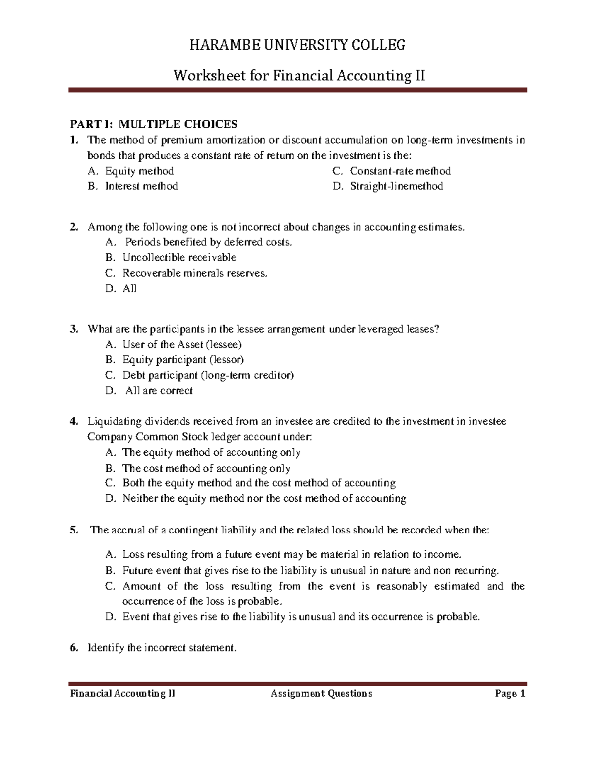 Financial Acct Worksheet - Worksheet for Financial Accounting II PART I ...