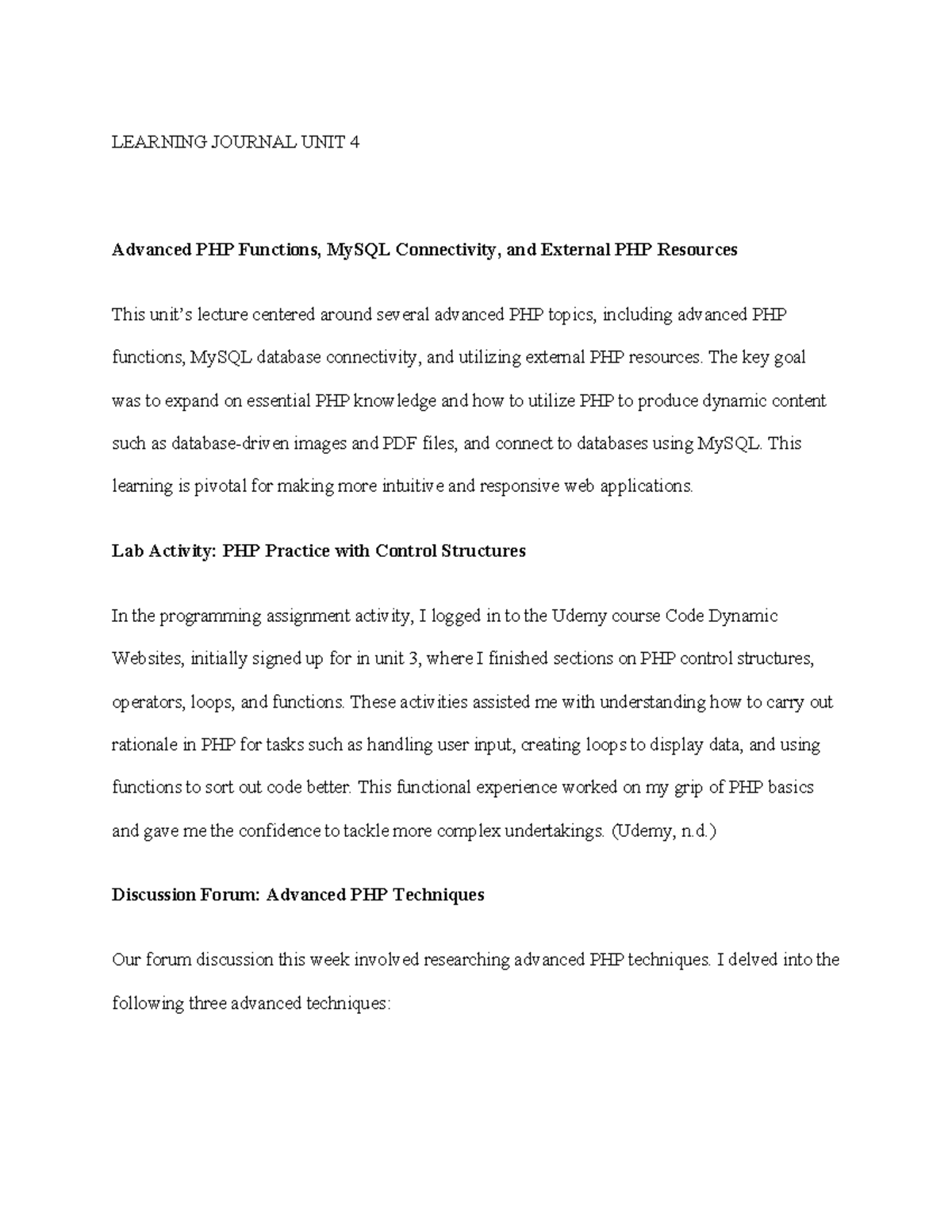 Learning Journal UNIT 4 CS 3305 - LEARNING JOURNAL UNIT 4 Advanced PHP Functions, MySQL - Studocu