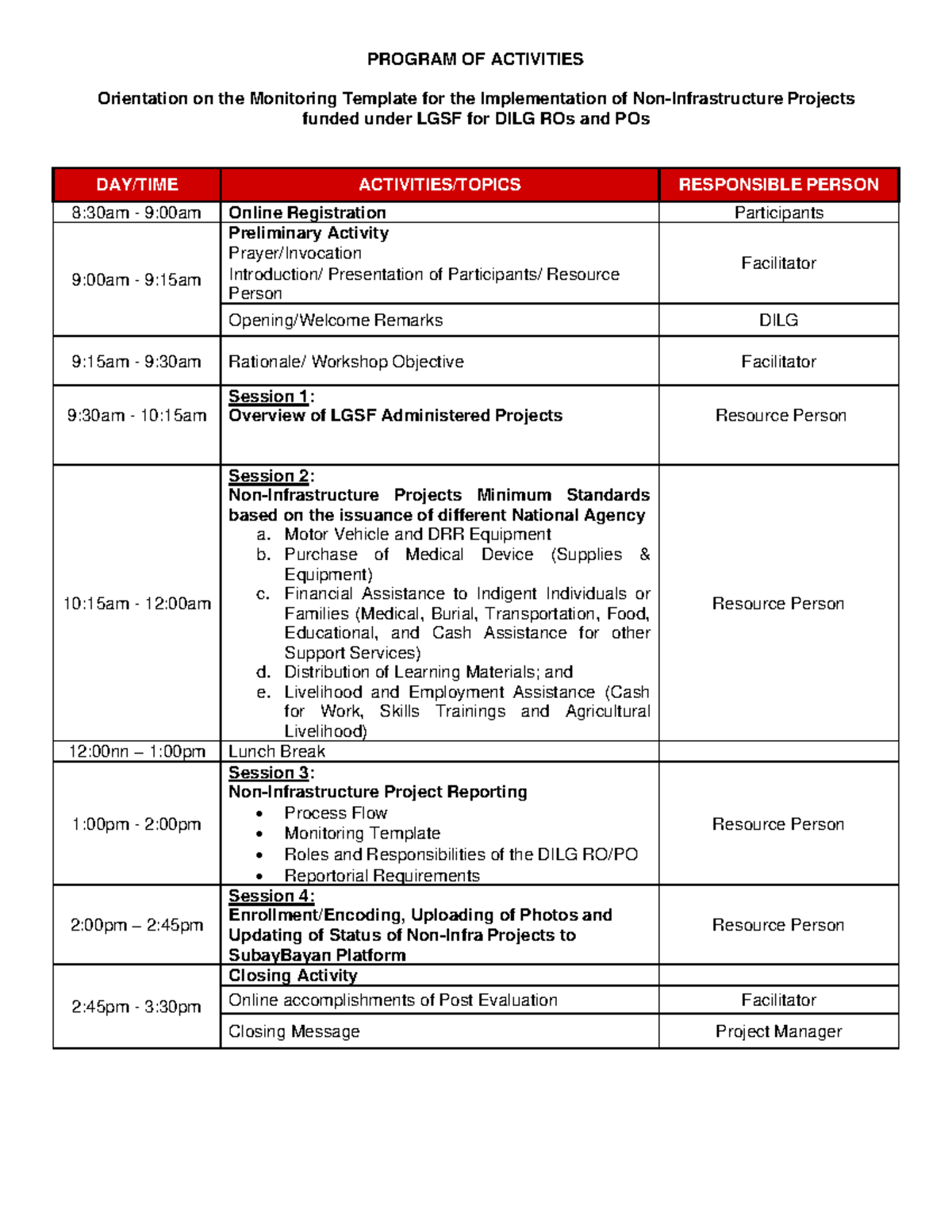 Program-of-Activity Non Infra-ROs - PROGRAM OF ACTIVITIES Orientation ...