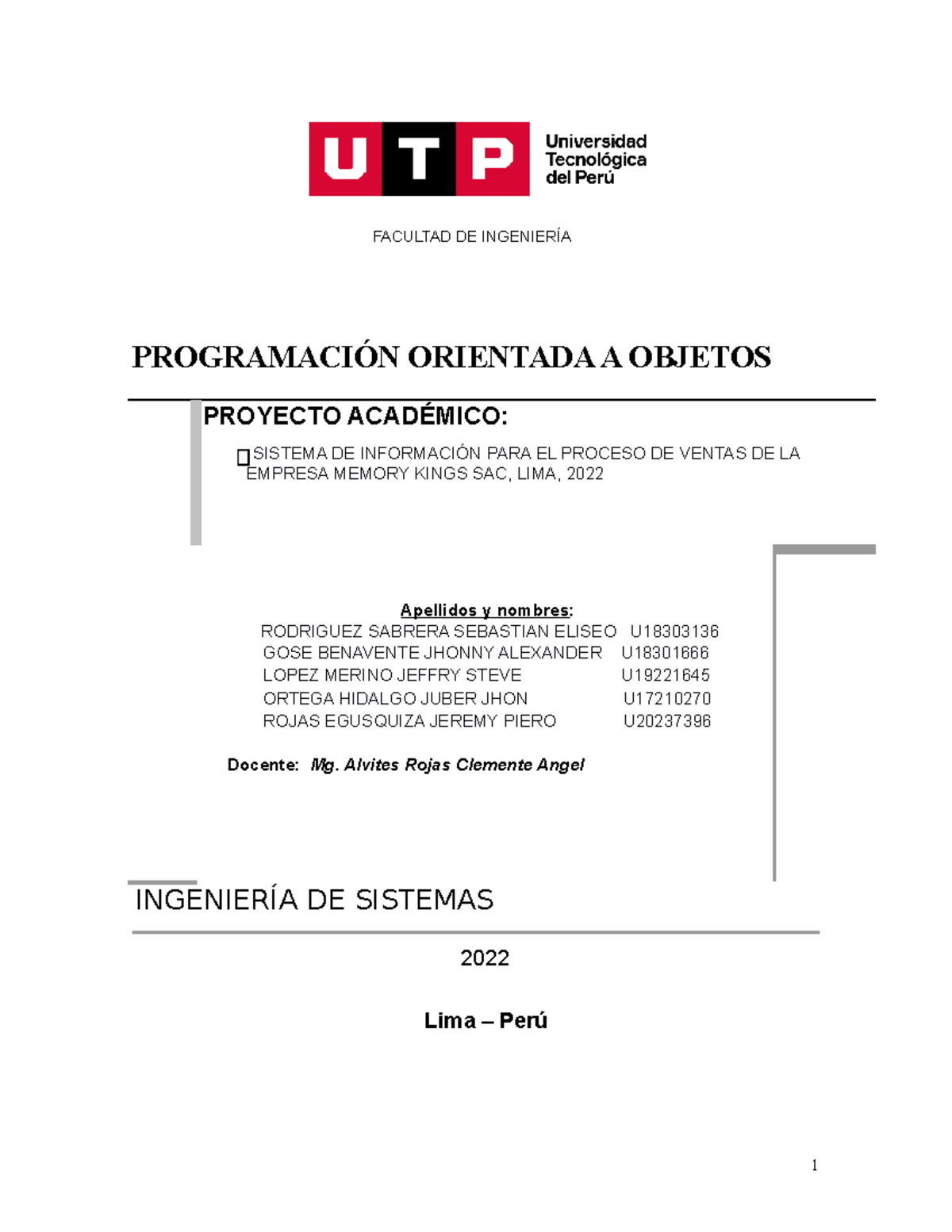Avanve del Proyecto Final - FACULTAD DE INGENIERÍA PROGRAMACIÓN ORIENTADA A OBJETOS PROYECTO ...