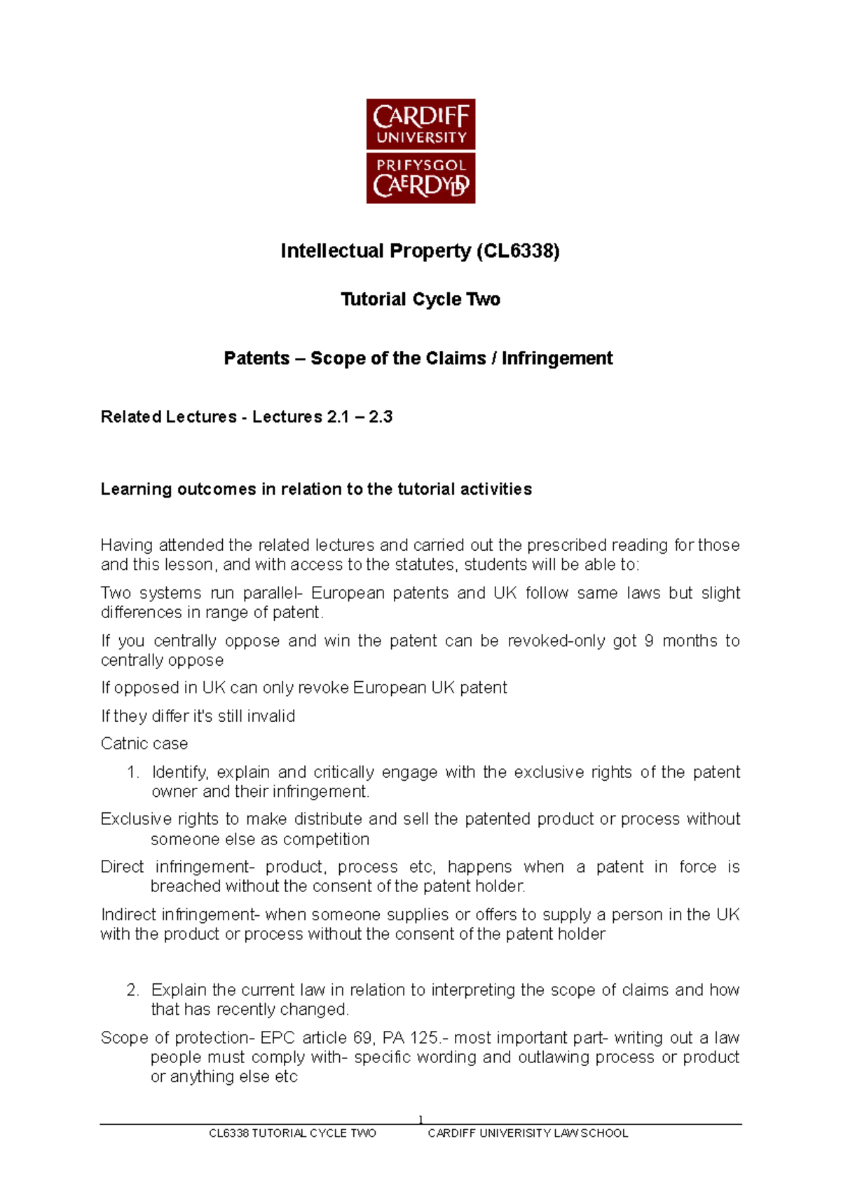 Cycle two Tutorial 2 - Intellectual Property (CL6338) Tutorial Cycle ...