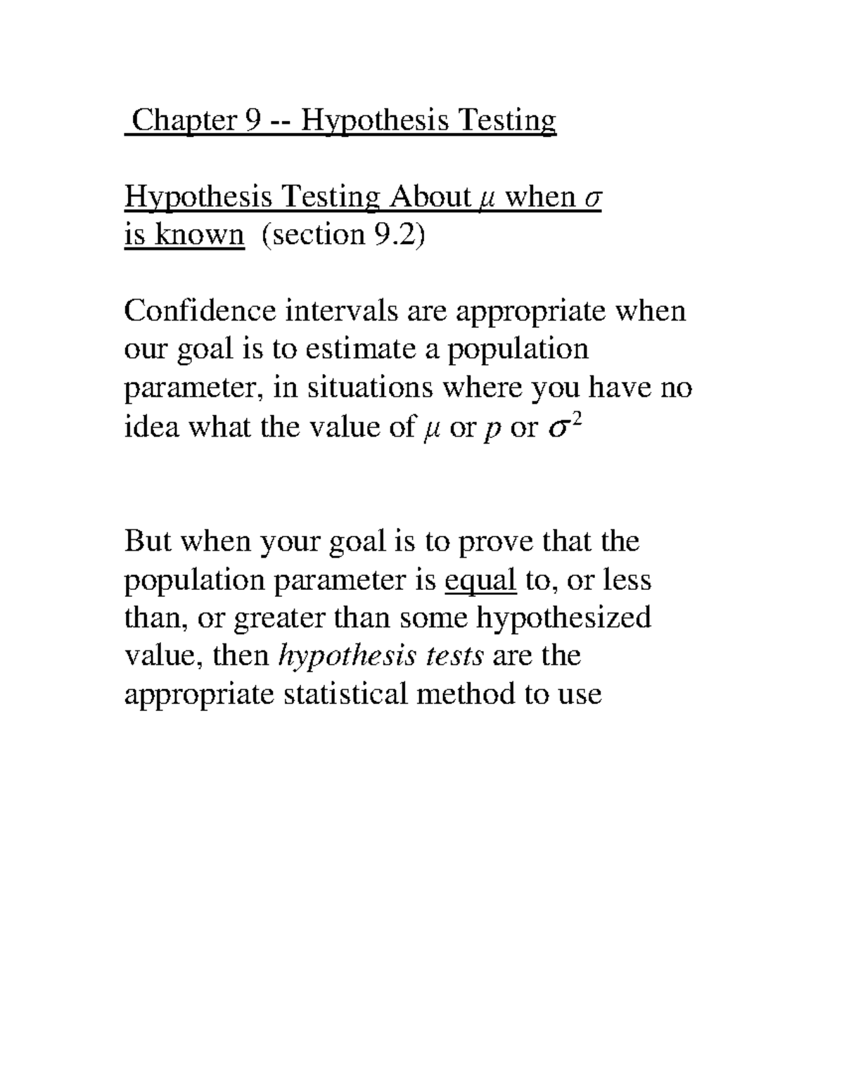 Section+9 - Notes from chapter 9 - Chapter 9 - Hypothesis Testing ...