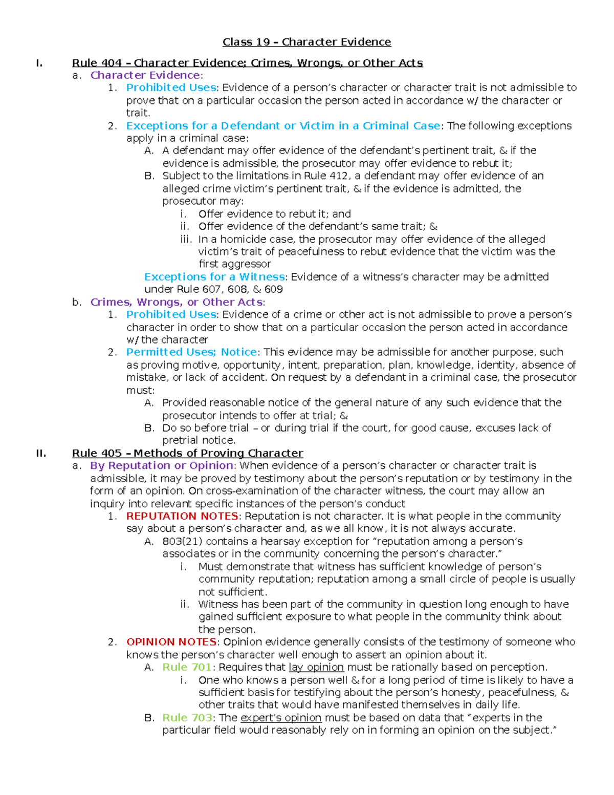 Class 19 – Character Evidence - Class 19 – Character Evidence I. Rule ...