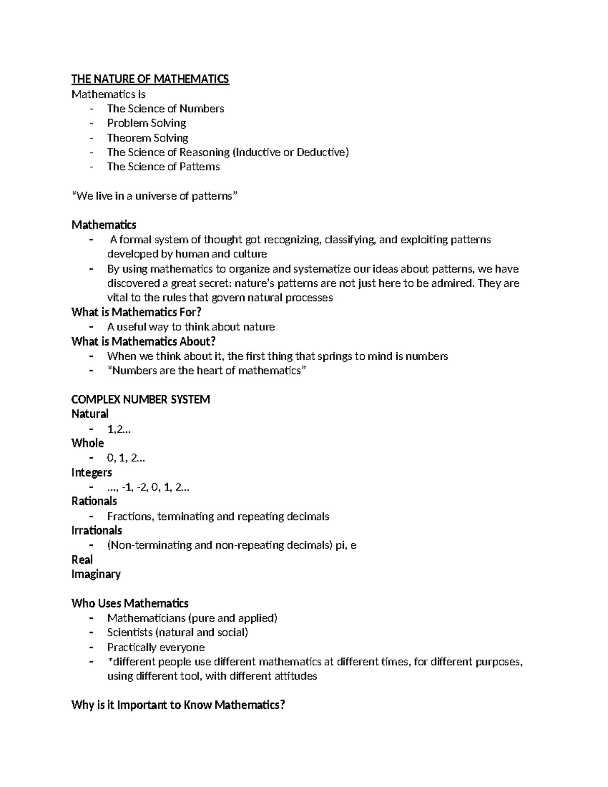 Mathematics in Modern World - THE NATURE OF MATHEMATICS Mathematics is ...