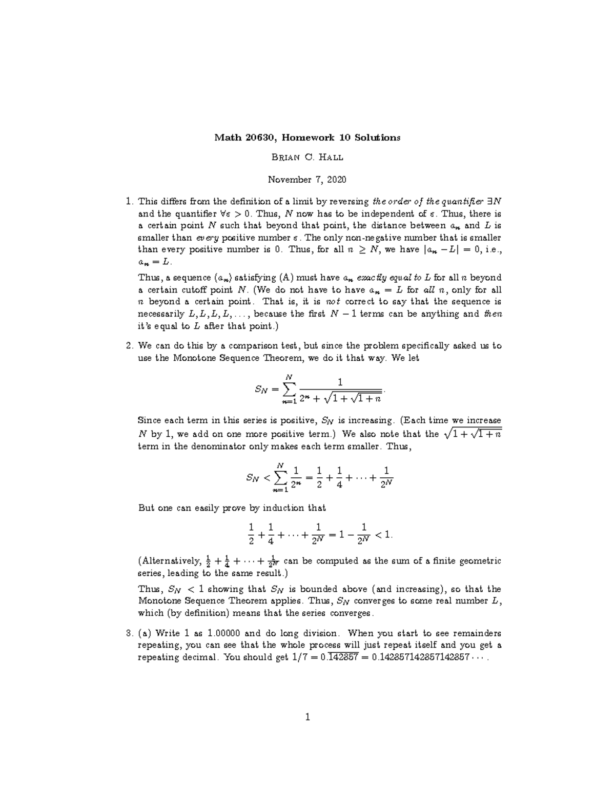 HW10soln - Brian C. Hall - Math 20630, Homework 10 Solutions Brian C ...