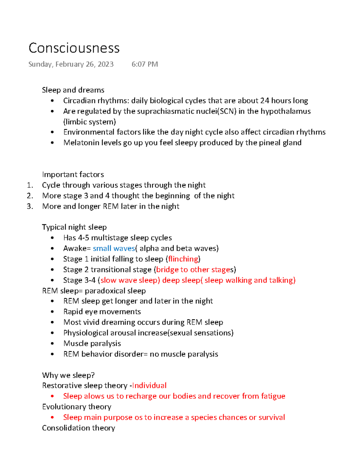 Consciousness - Sleep and dreams Circadian rhythms: daily biological ...