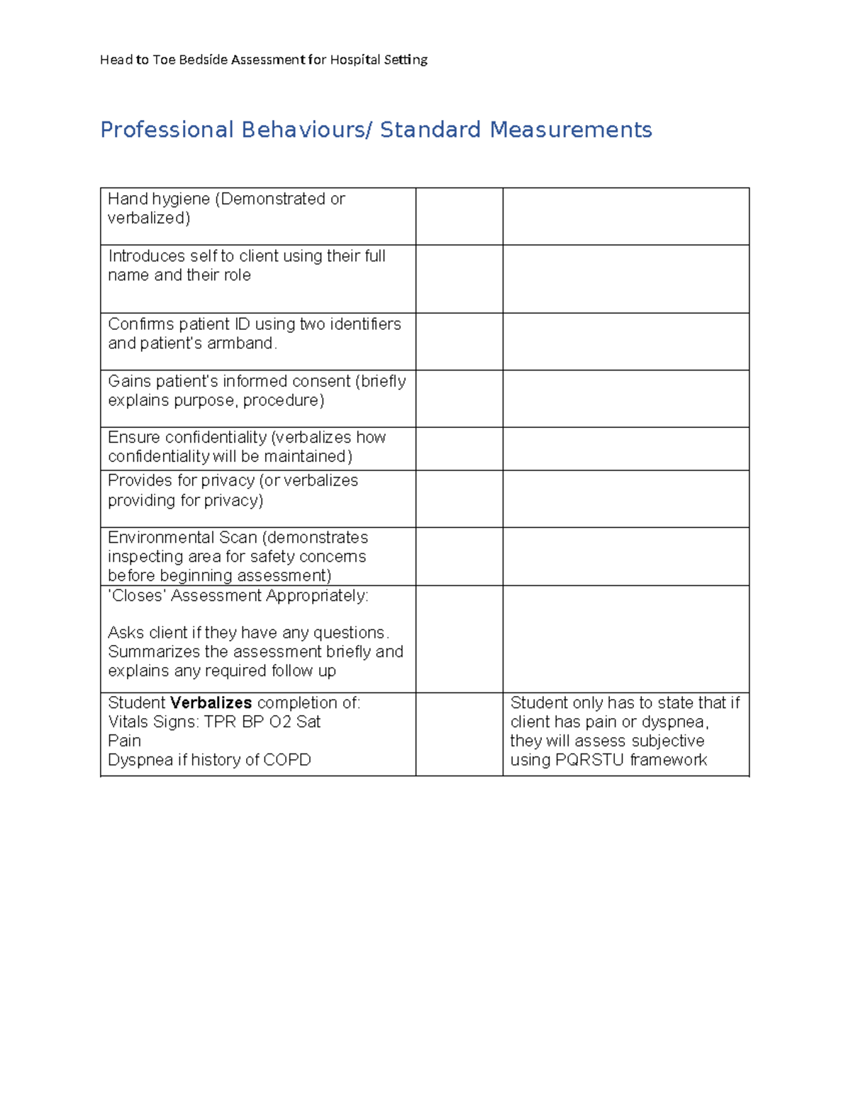 Hospital Setting Bedside Assessment Performance Checklist SS241 ...