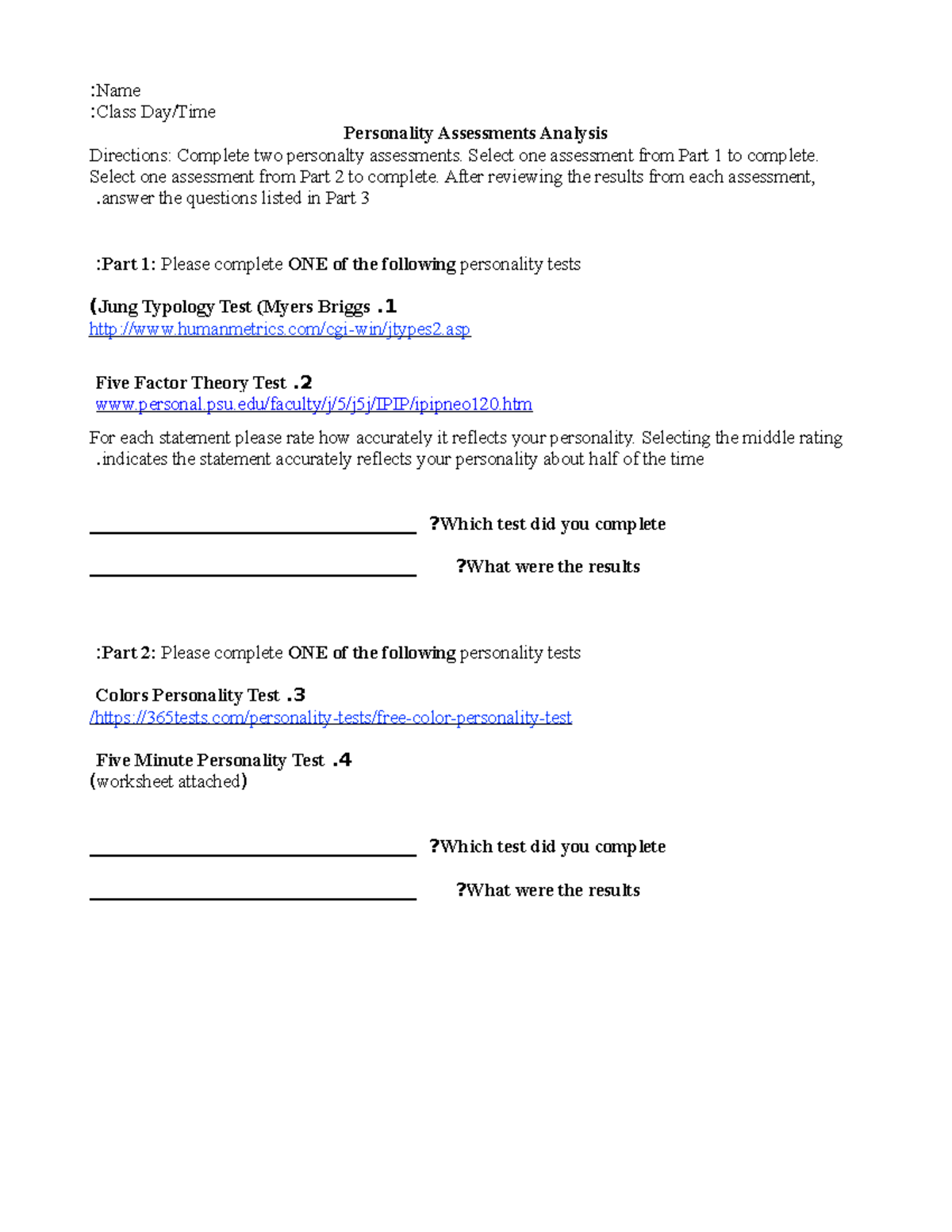 Personality Assessments - ::Name Class Day/Time Directions: Complete ...
