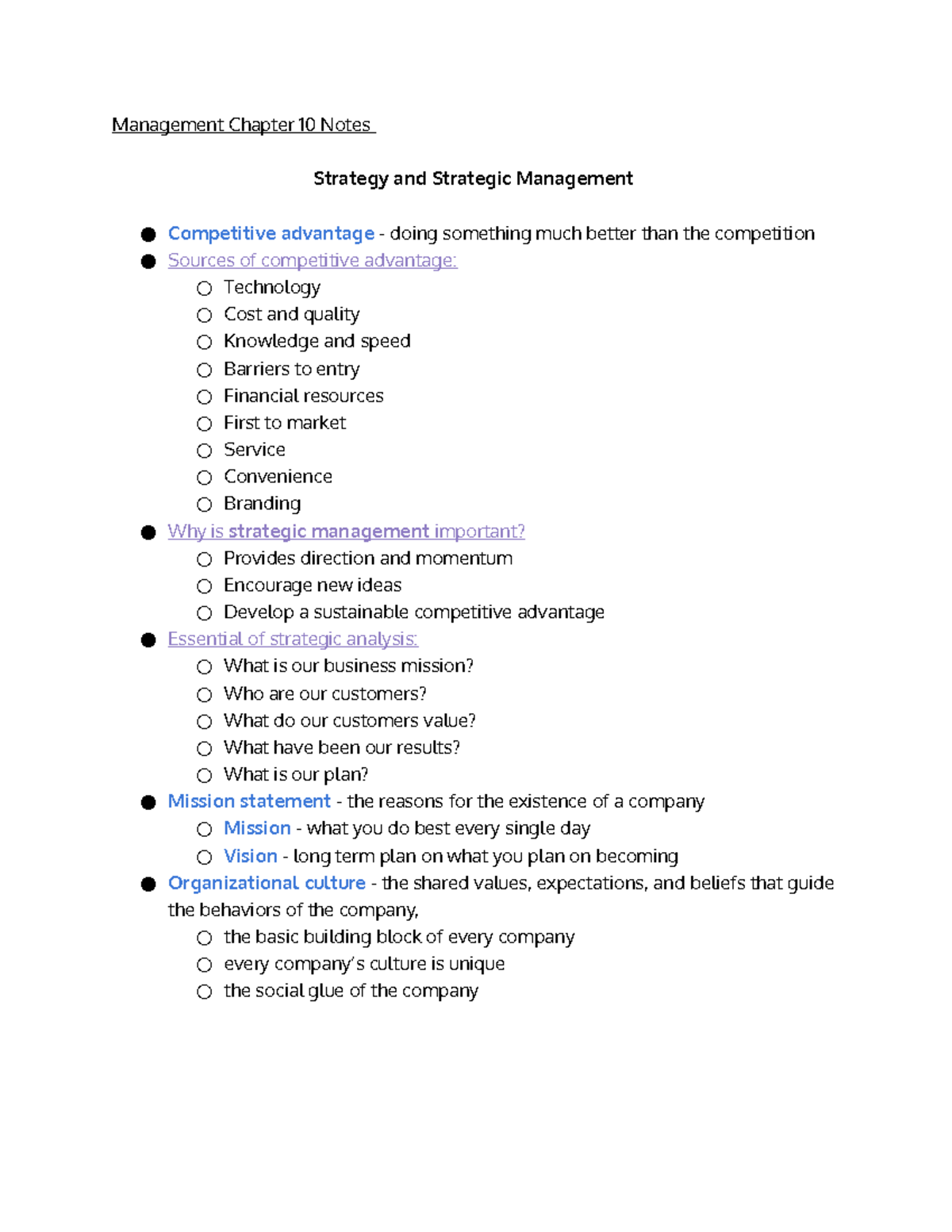 Management Chapter 10 Notes - Management Chapter 10 Notes Strategy and ...