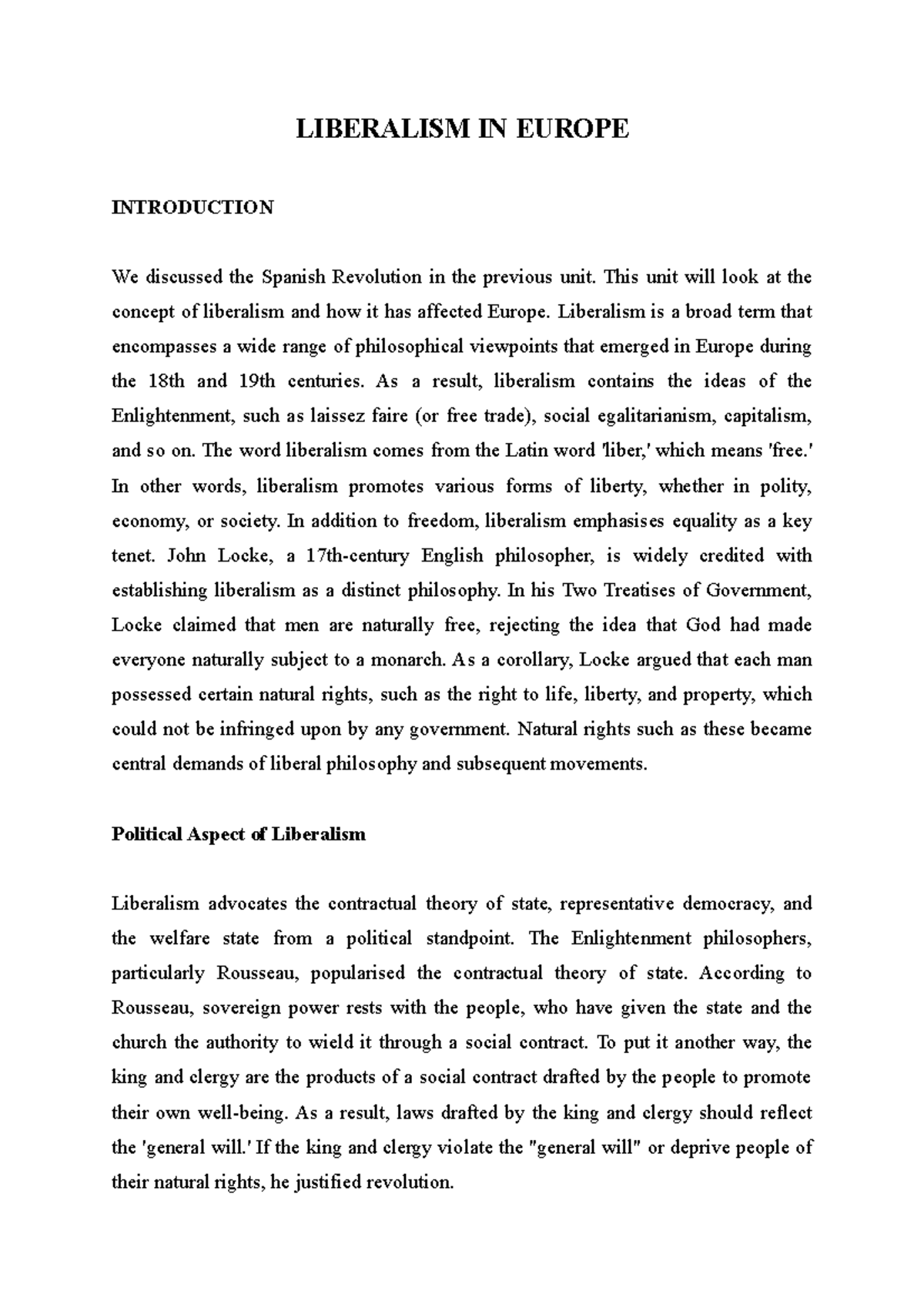 Liberalism IN Europe - Lecture notes 6 - LIBERALISM IN EUROPE ...