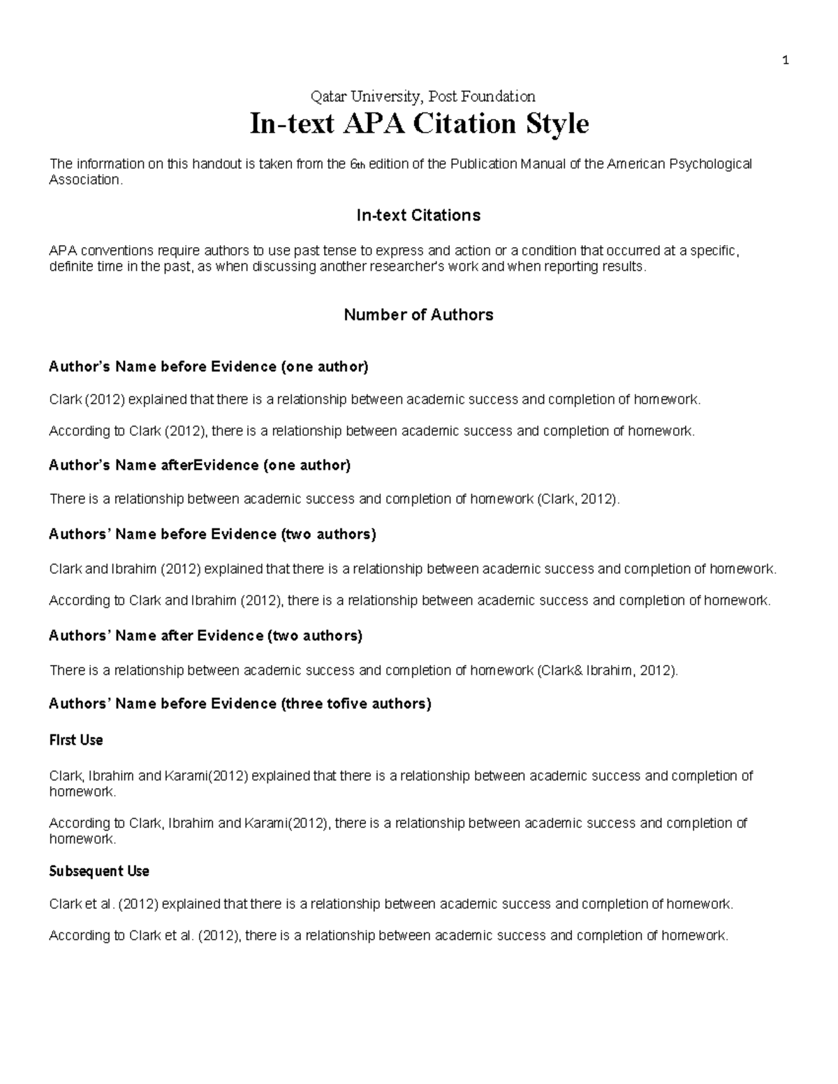 APA Quick In-text Reference Sheet for students - 1 Qatar University ...