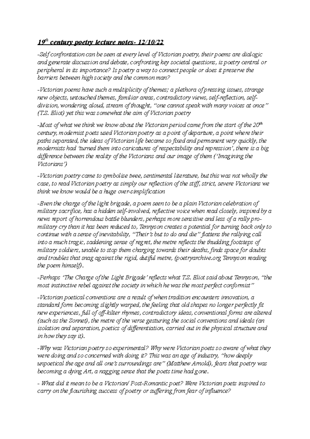 19th century poetry lecture notes - Eliot) yet this was somewhat the ...