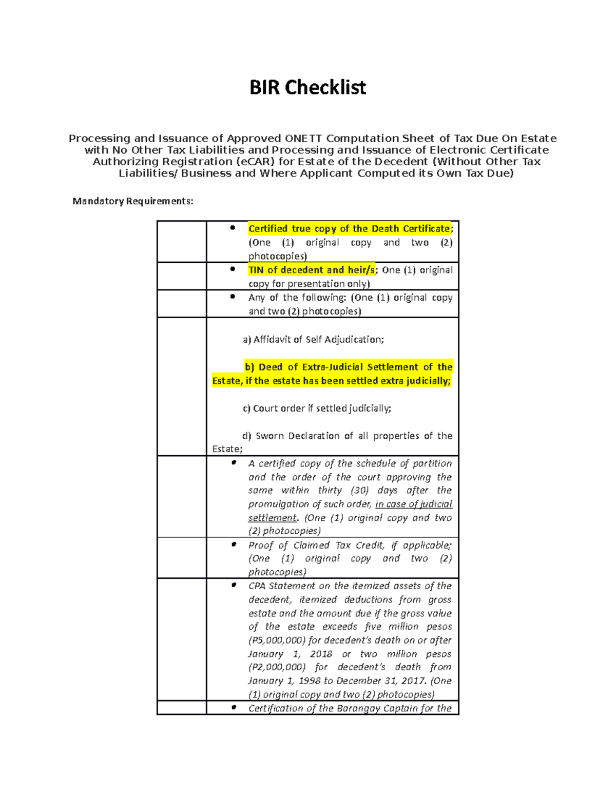 BIR Checklist Land Title - BIR Checklist Processing and Issuance of ...