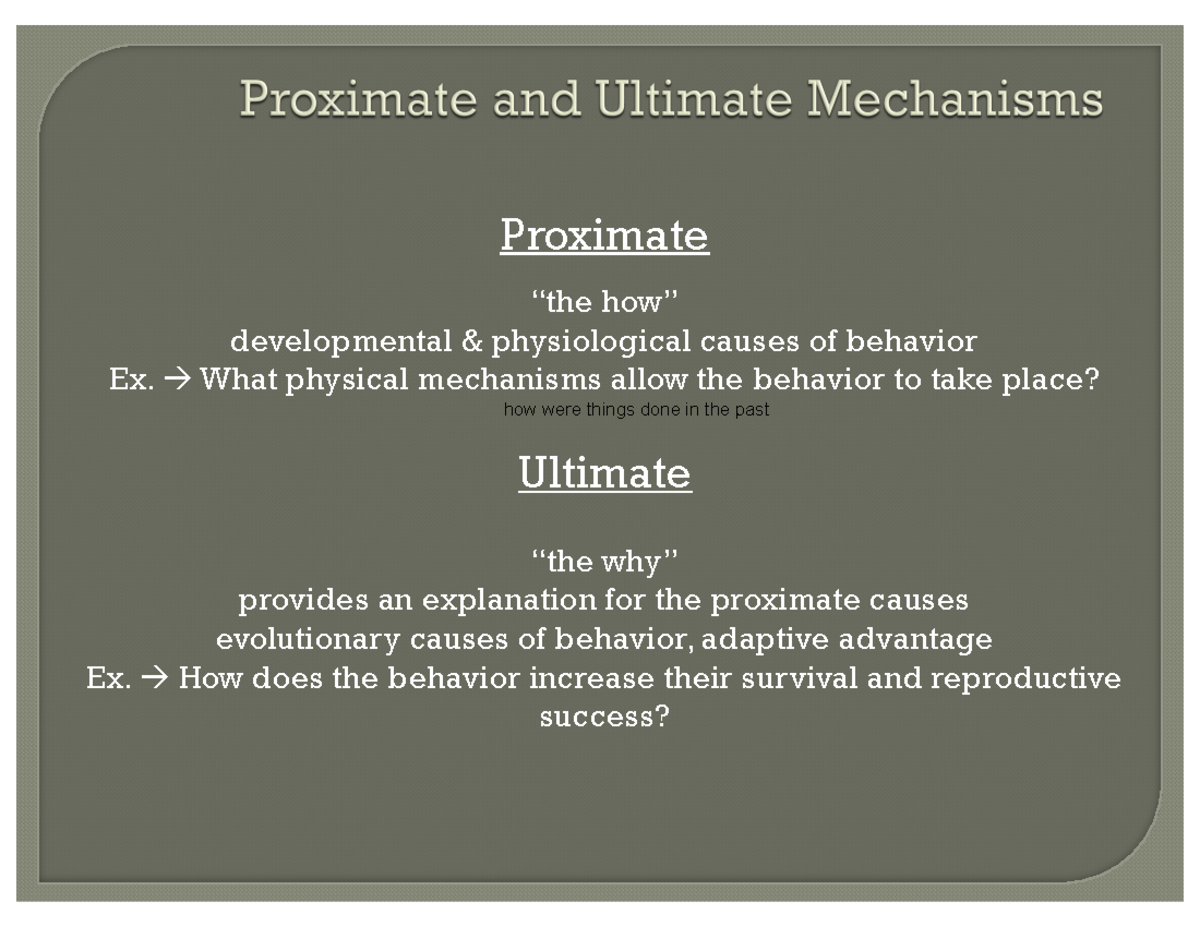 Lecture 3 - Proximate and Ultimate - Proximate “the how” developmental ...