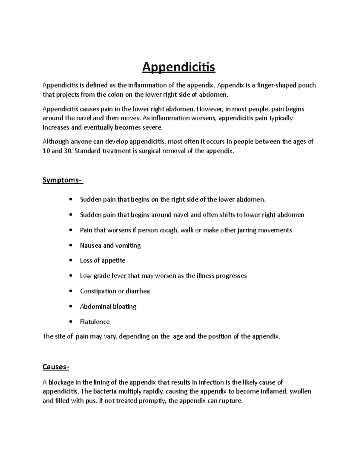 Appendicitis note 11111 - Appendicitis Appendicitis is defined as the ...