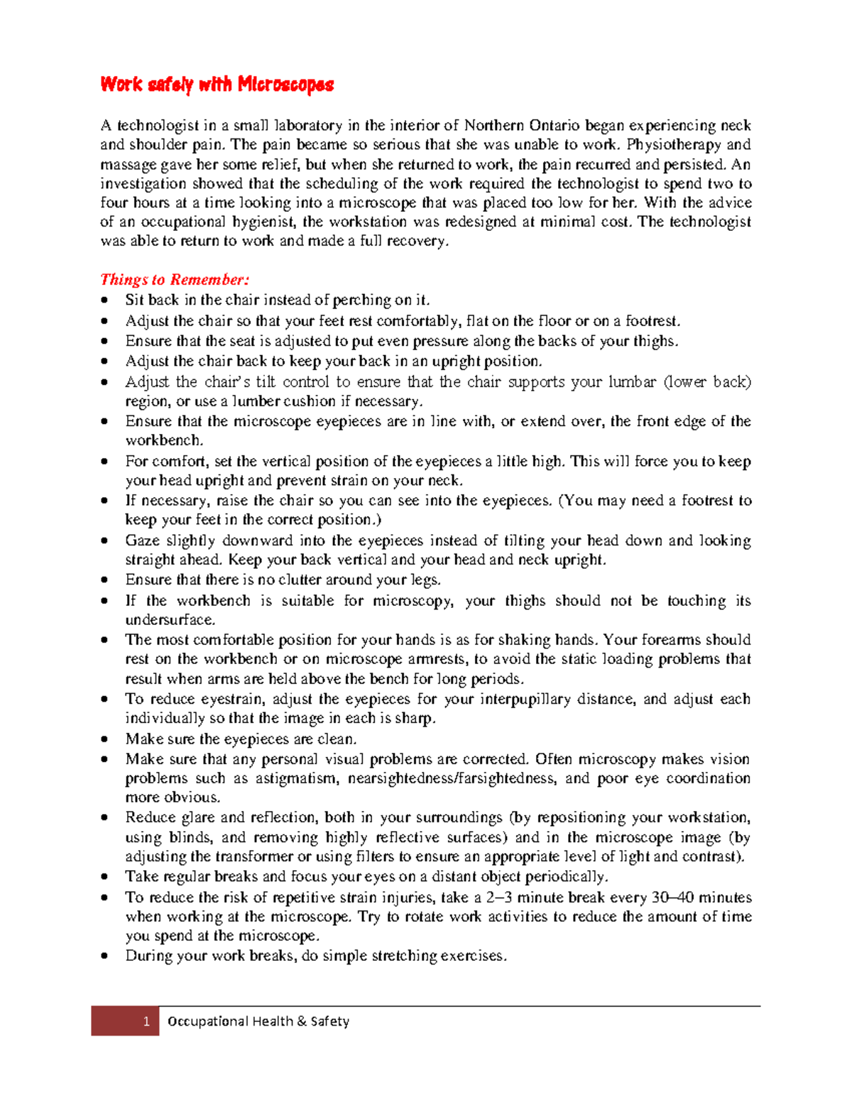 Working Safe with Microscope - 1 Occupational Health & Safety Work ...