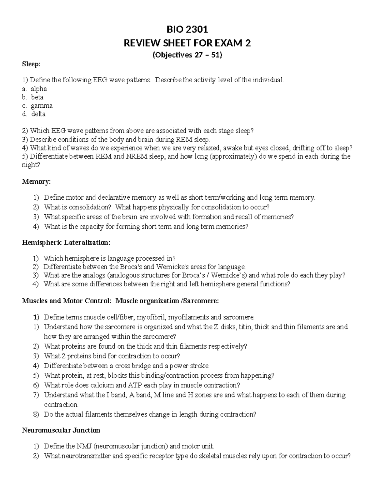 Exam 2 Review bio 2301 - BIO 2301 REVIEW SHEET FOR EXAM 2 (Objectives 27 – 51) Sleep: Define the ...