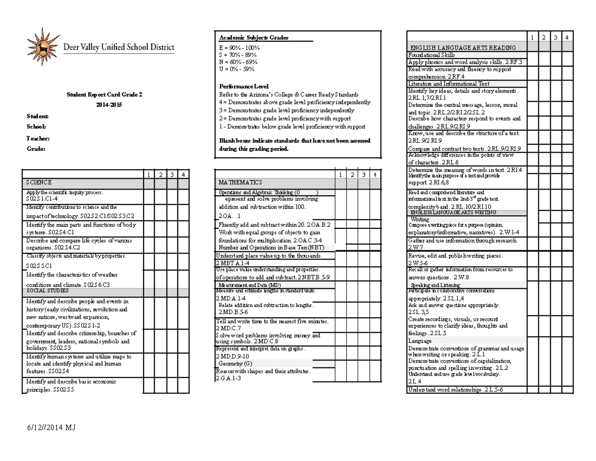 Report Card Template 04 - Academic Subjects Grades 1 2 3 4 E = 90% ...