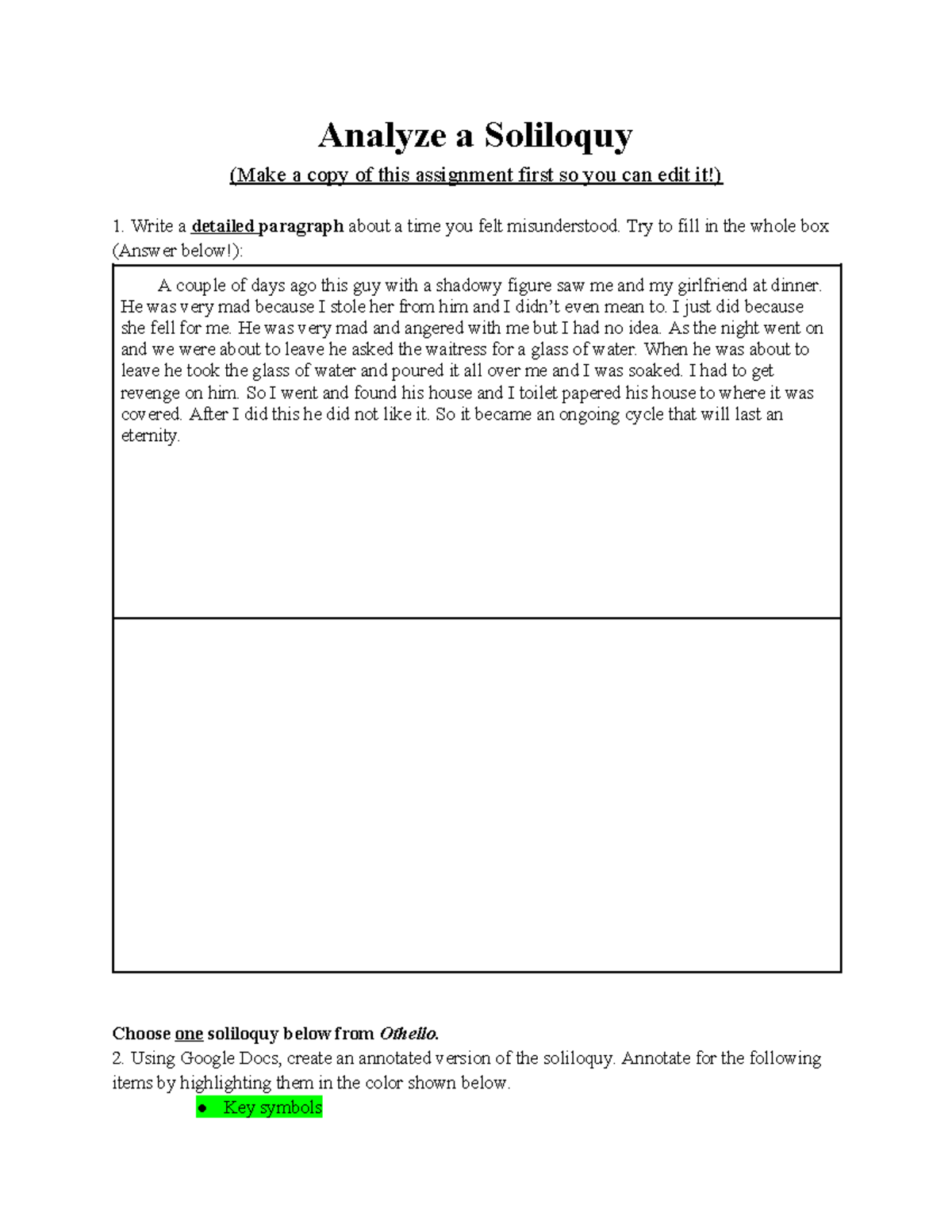 Copy of Analyze a Soliloquy Assignment - Analyze a Soliloquy (Make a ...
