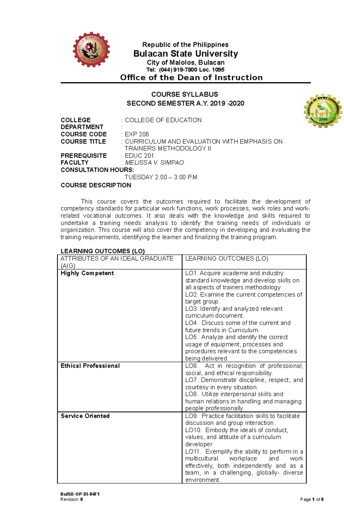 EXP206 Syllabus - Republic of the Philippines Bulacan State University City of Malolos, Bulacan ...