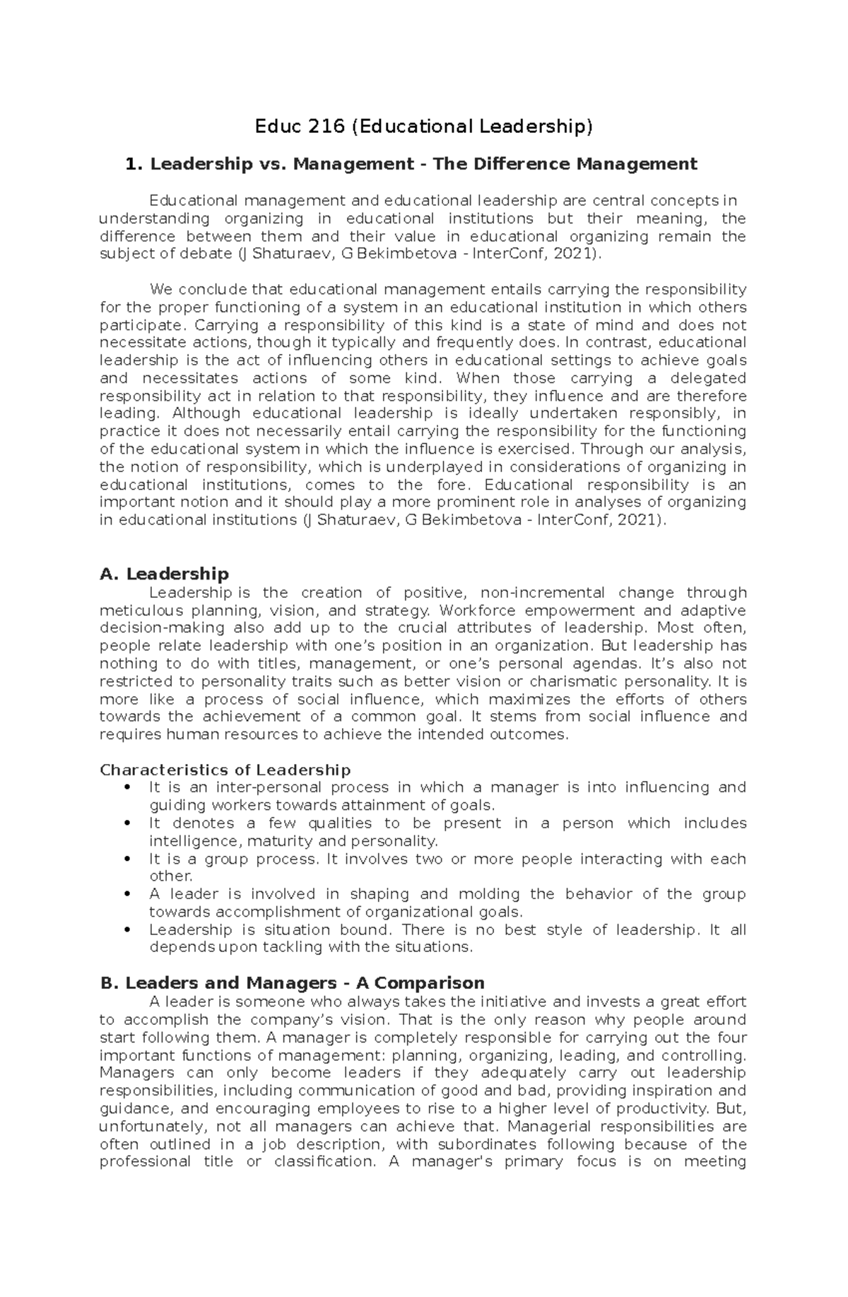 Educ 216 (Educational Leadership) - Educ 216 (Educational Leadership) 1. Leadership vs ...