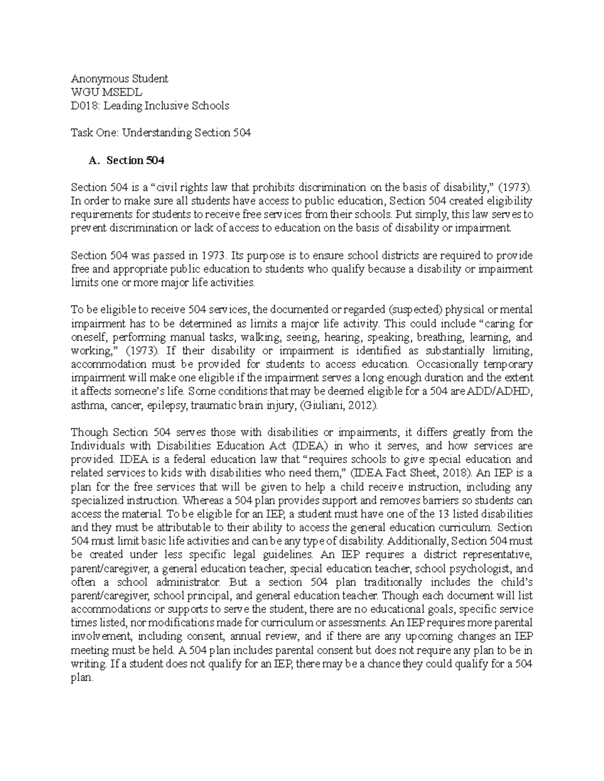 D018 Task One Anonymous - Anonymous Student WGU MSEDL D018: Leading ...