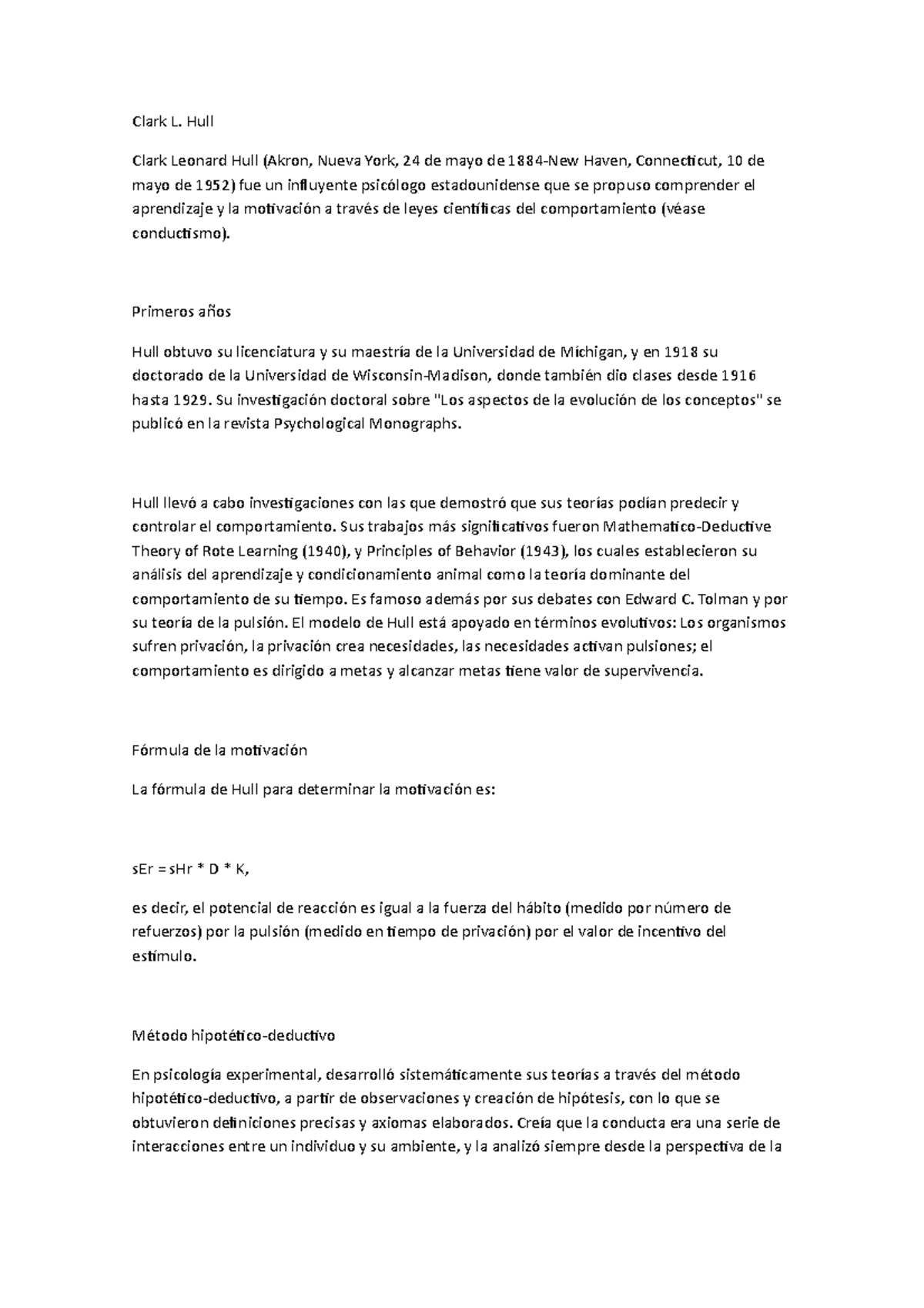 Clark Hull - Resumen - Clark L. Hull Clark Leonard Hull (Akron, Nueva ...