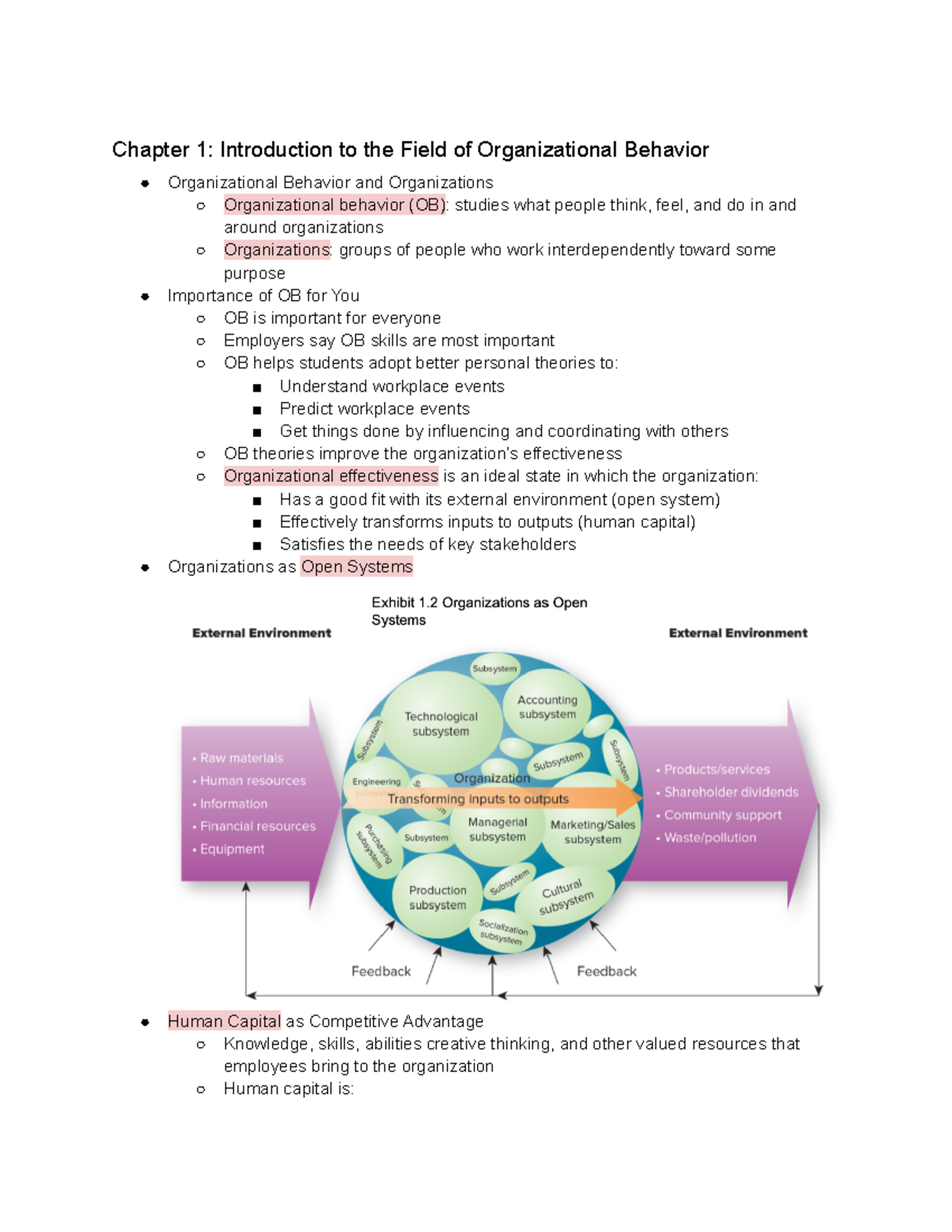 Org behav notes - Chapter 1: Introduction to the Field of ...