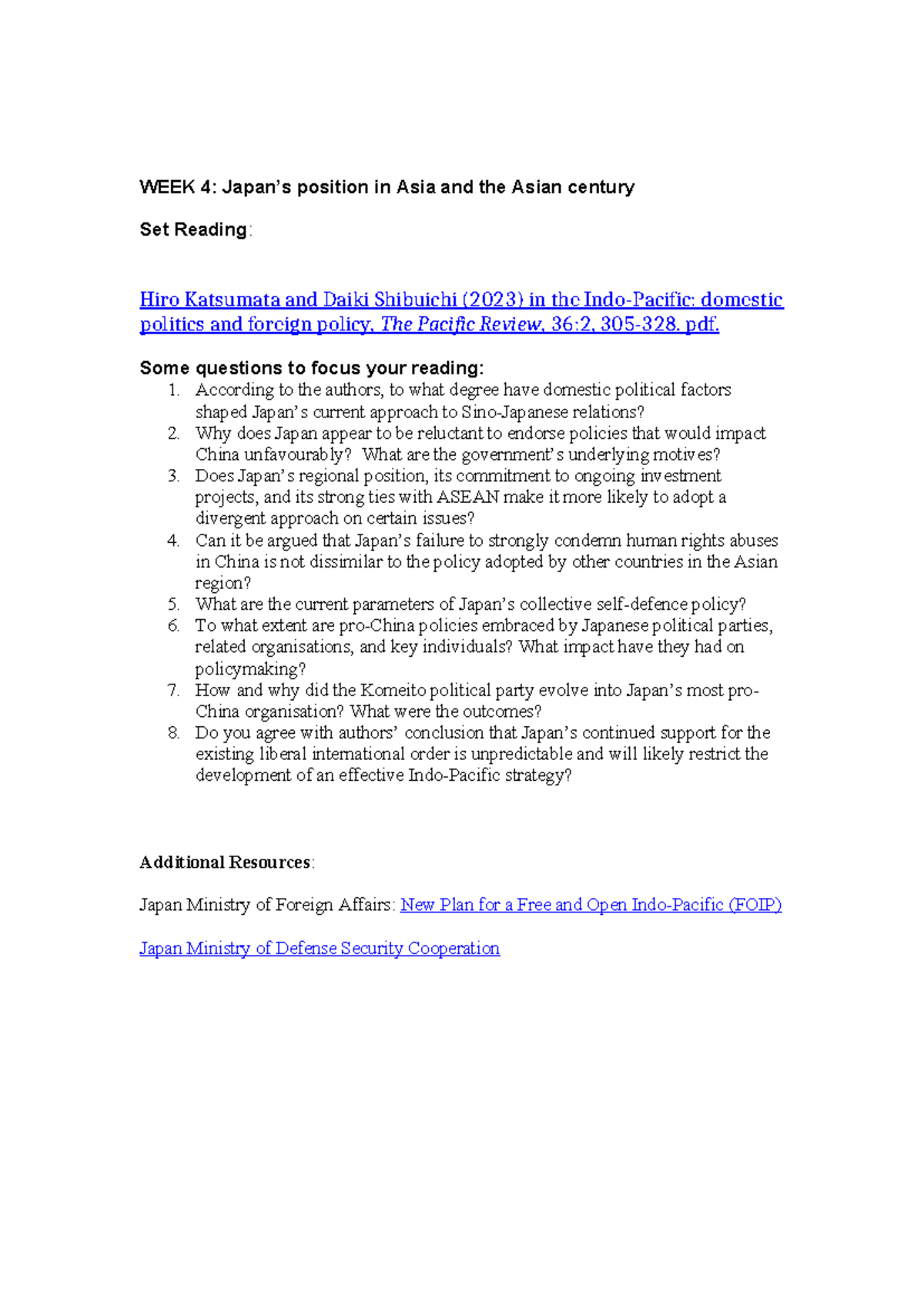 Week 4 Japan in the Asian Century - WEEK 4: Japan’s position in Asia ...