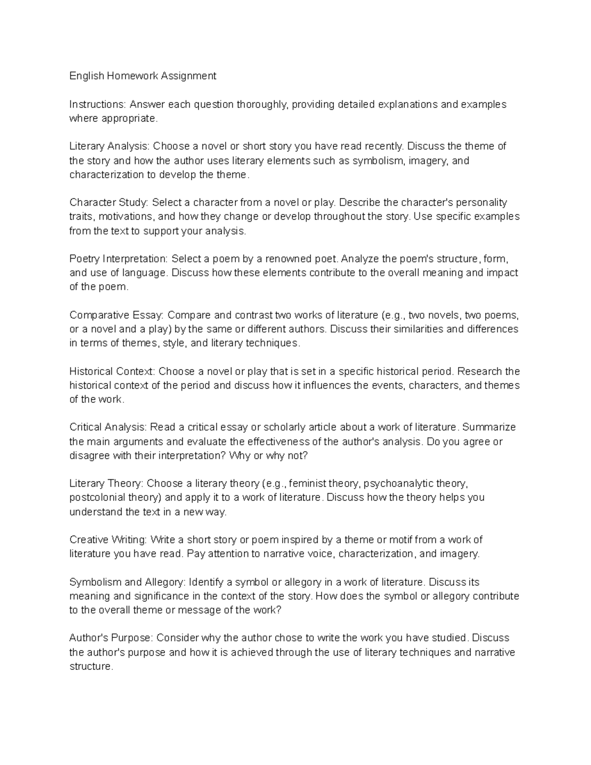 English Homework Assignment - English Homework Assignment Instructions ...