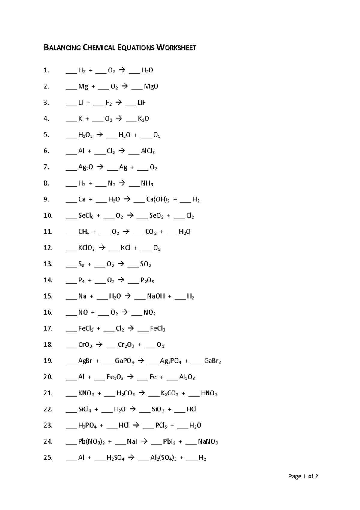 Balancing Chemical Equations (Student's Copy) - Page 1 of 2 B ALANCING ...