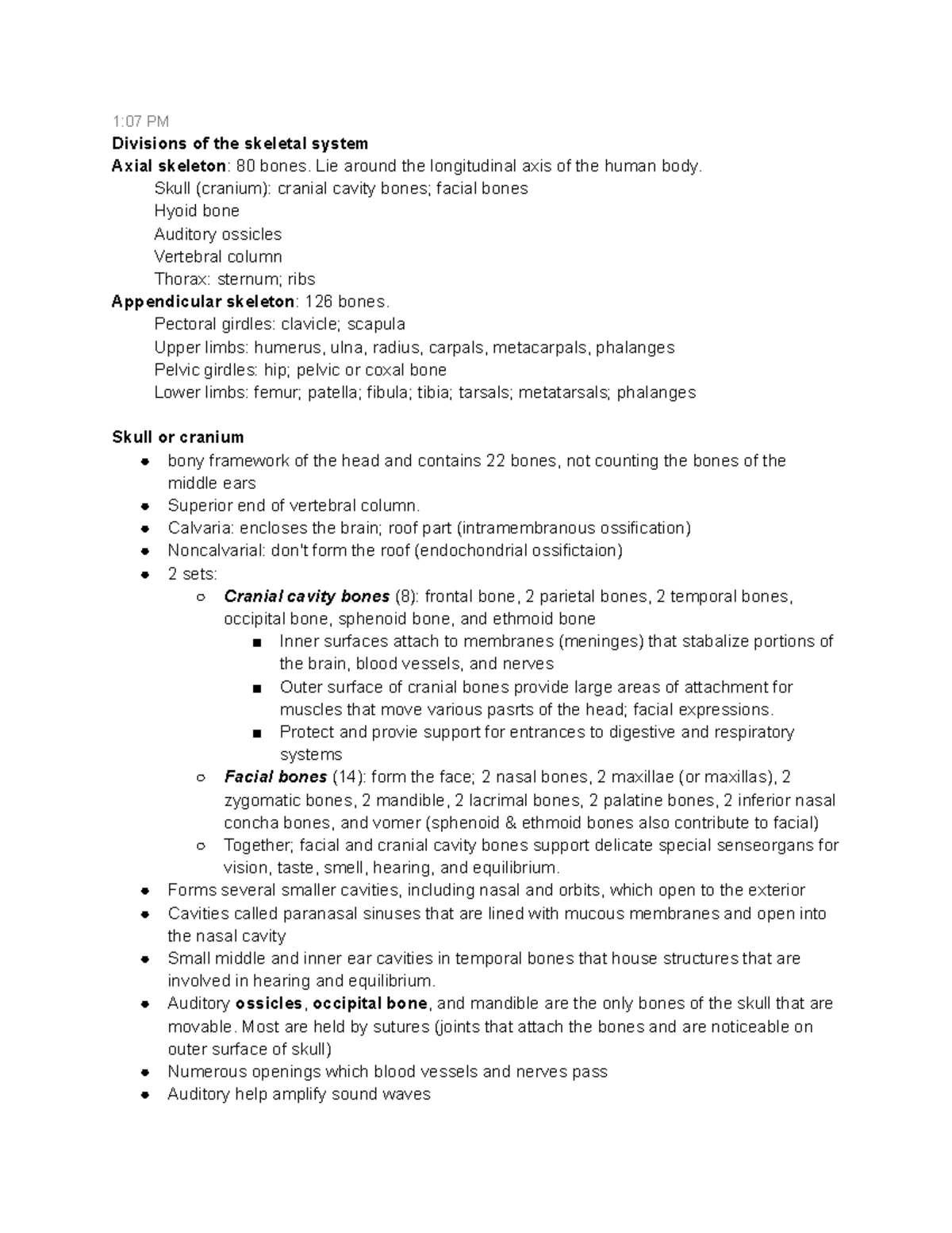 Ch 7 axial skeleton - 1:07 PM Divisions of the skeletal system Axial ...