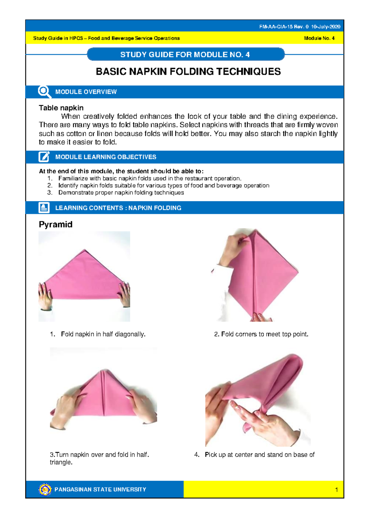 HPC3-Study-Guide 4 - BASIC NAPKIN FOLDING TECHNIQUES - PANGASINAN STATE UNIVERSITY Study Guide ...